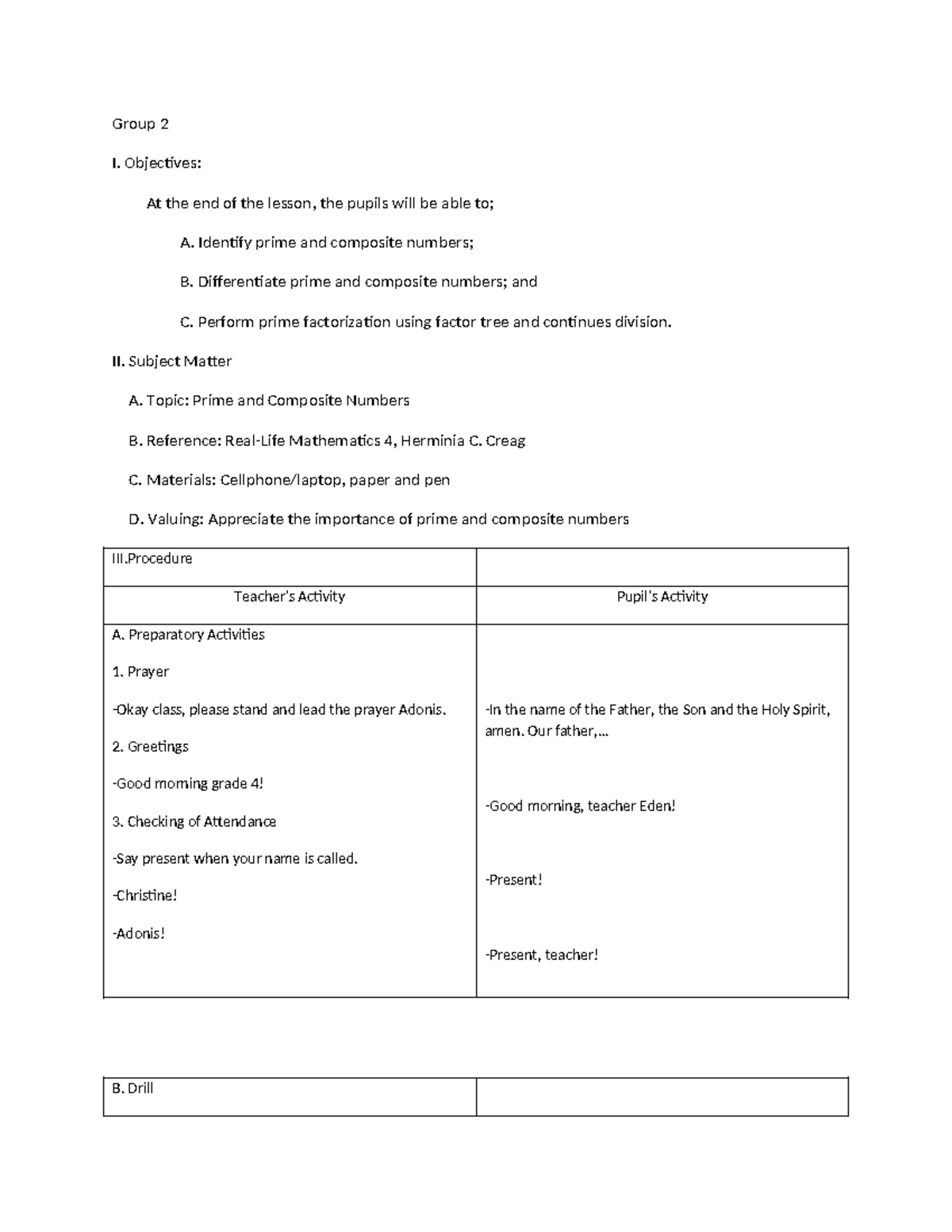 Mathematics Lesson plan - Group 2 I. Objectives: At the end of the ...