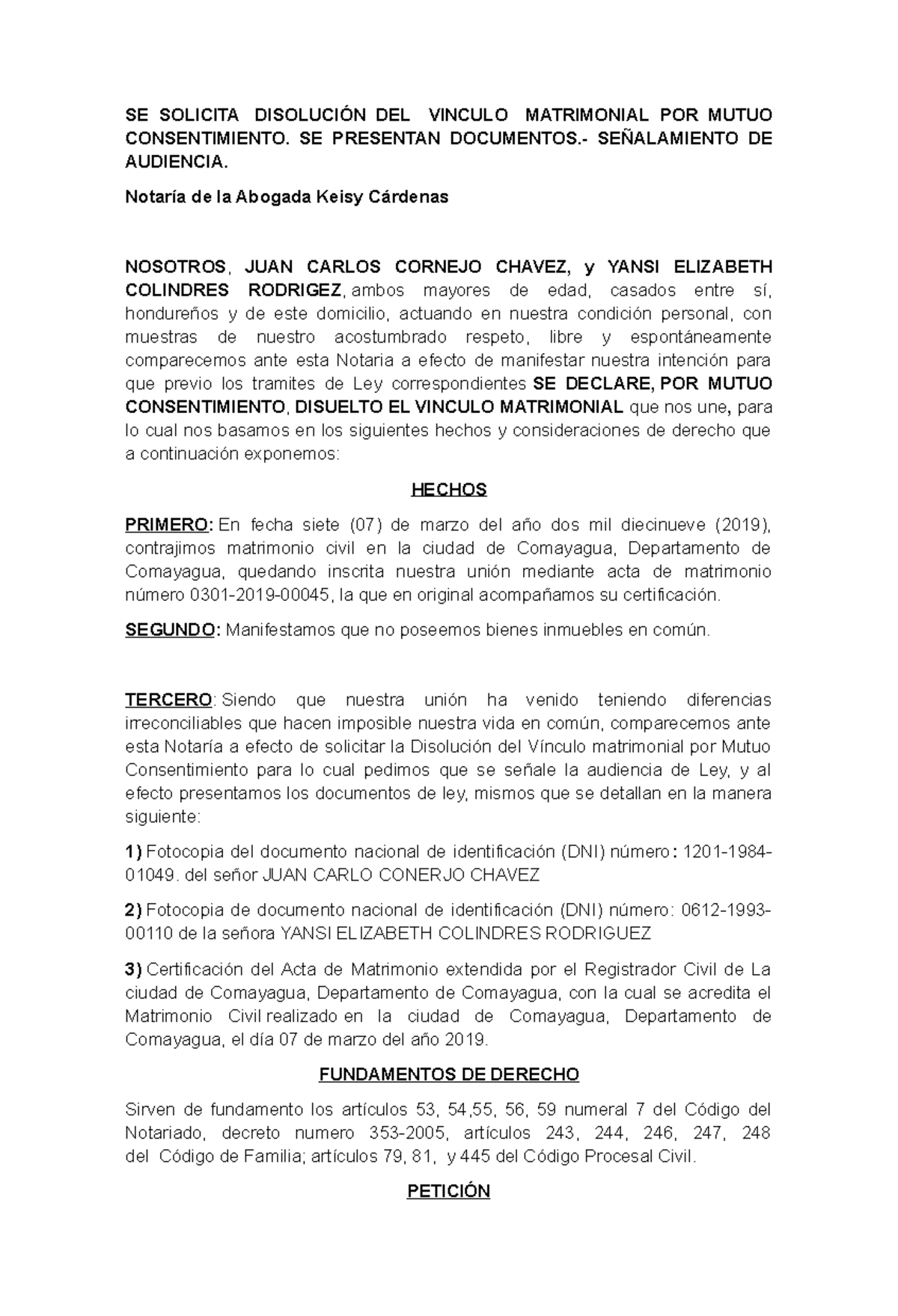 Formato Divorcio Por Mutuo Consentimiento En Sede Notarial Jc Cole