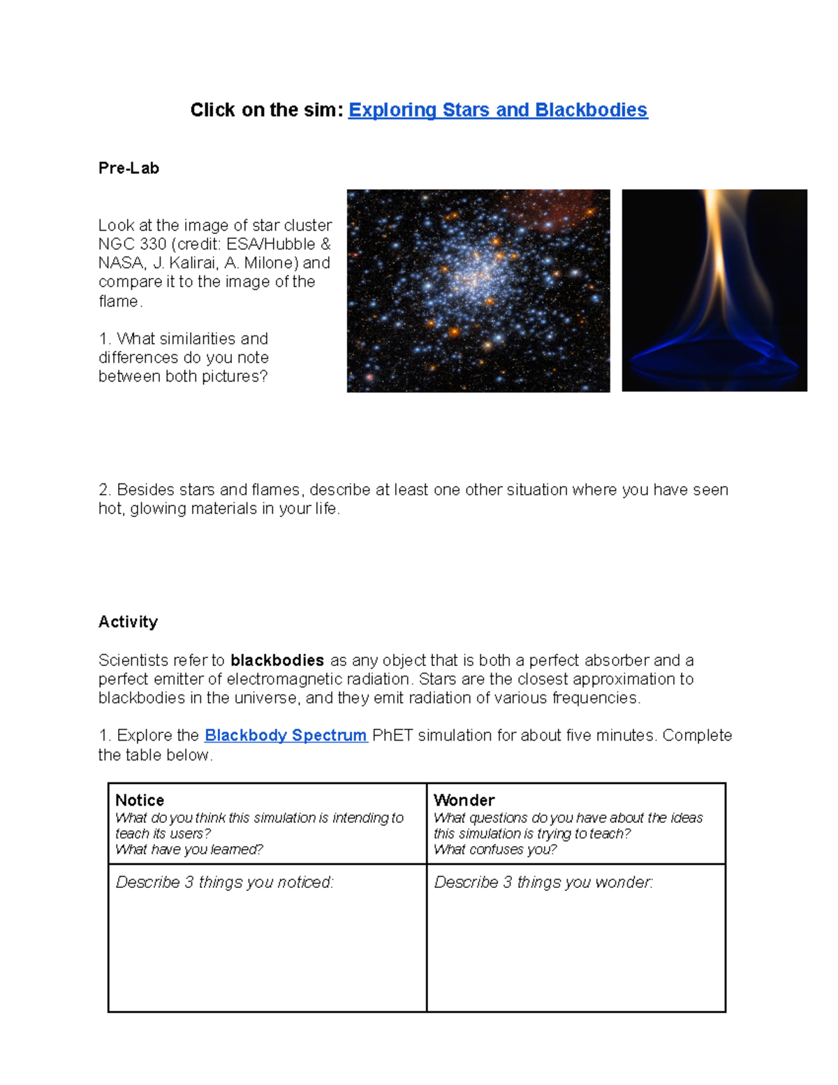 Exploring Stars and Blackbodies - Click on the sim: Exploring Stars and Blackbodies Pre-Lab Look ...