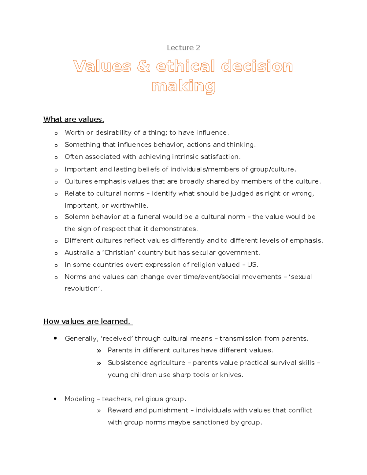 Lecture 2 - ECU- Human evolution and ecology - Lecture 2 Values ...