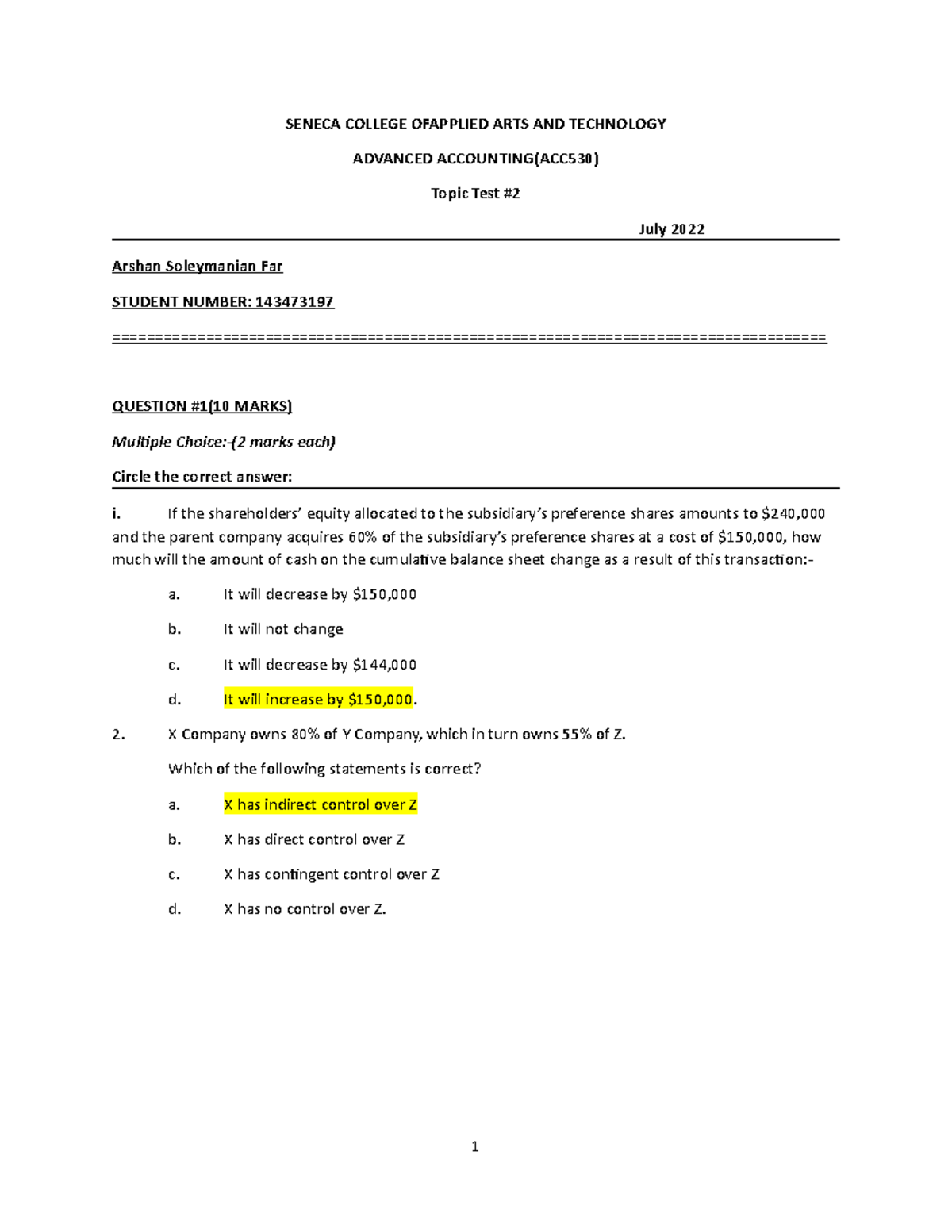 ACC530 TT#2 - Assignment - SENECA COLLEGE OFAPPLIED ARTS AND TECHNOLOGY ...