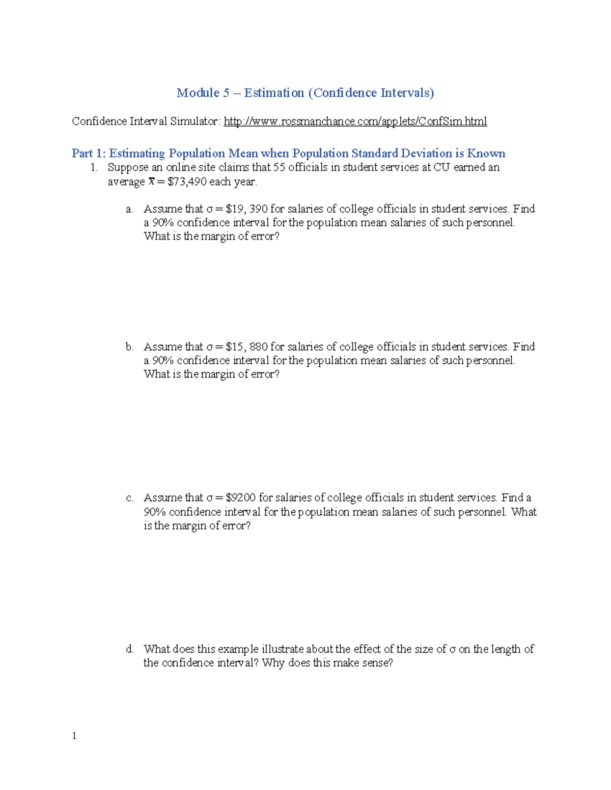 Module 5 Activities-F2F - Module 5 – Estimation (Confidence Intervals ...