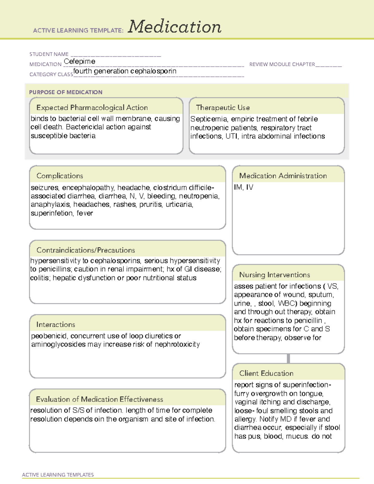 Cefepime ALT - medication Blank - ACTIVE LEARNING TEMPLATES Medication ...