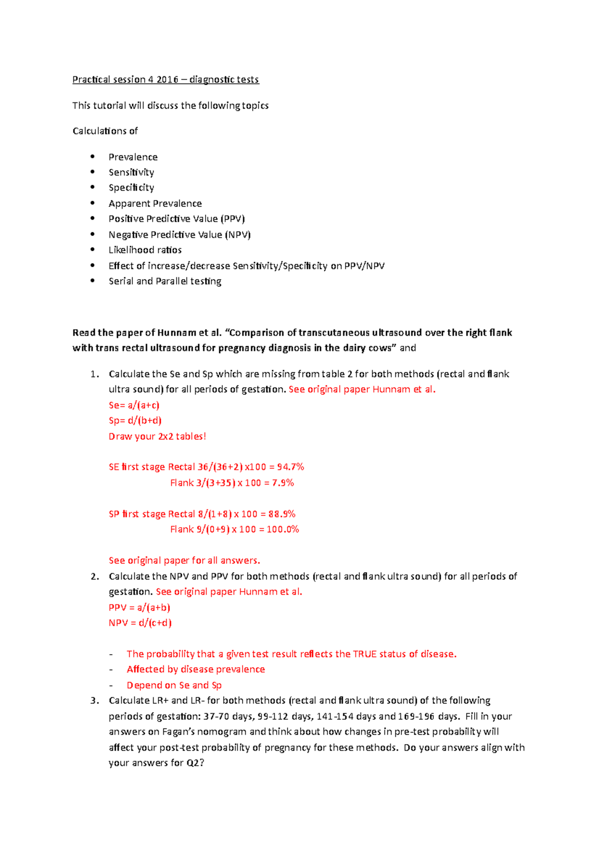 Prac 4 2016 diagnostic tests answers - Practical session 4 2016 ...