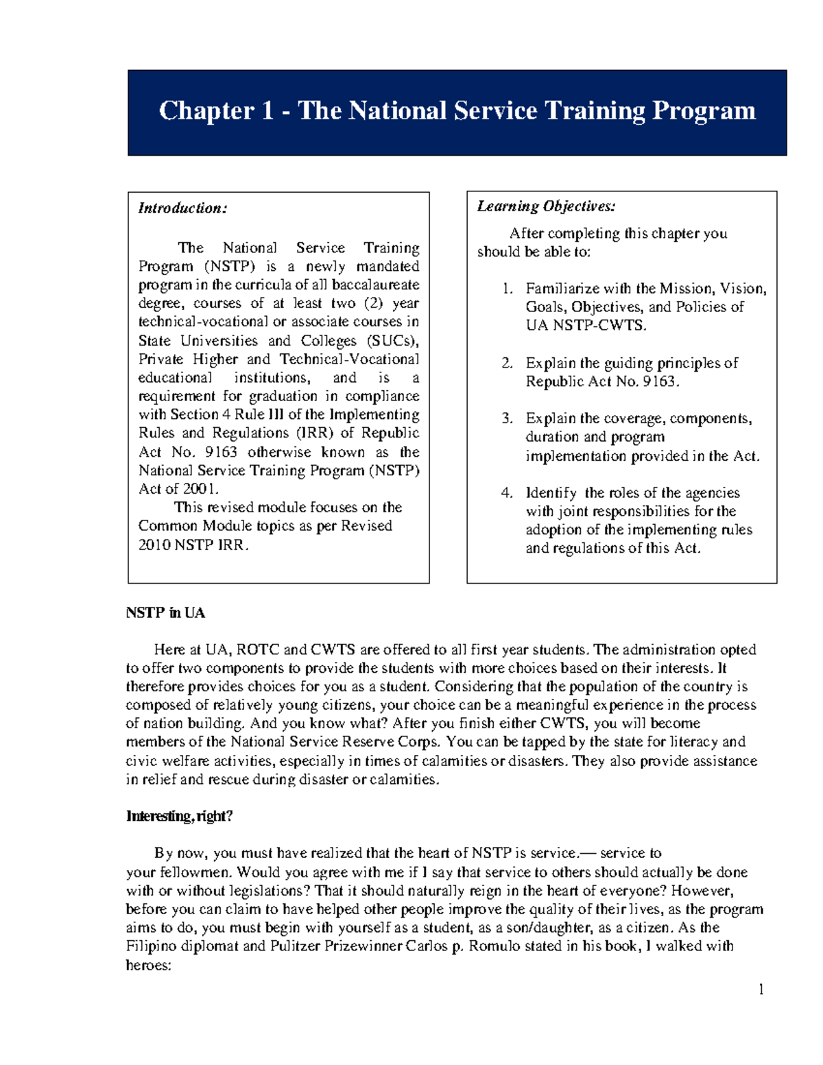 NSTP-CWTS Module 1 - other - NSTP in UA Here at UA, ROTC and CWTS are ...