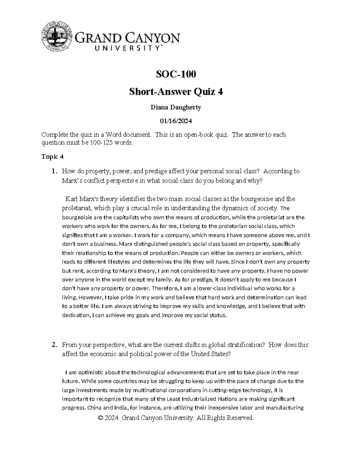 Short-Answer Quiz 4 - SOC- Short-Answer Quiz 4 Diana Daugherty 01/16 ...