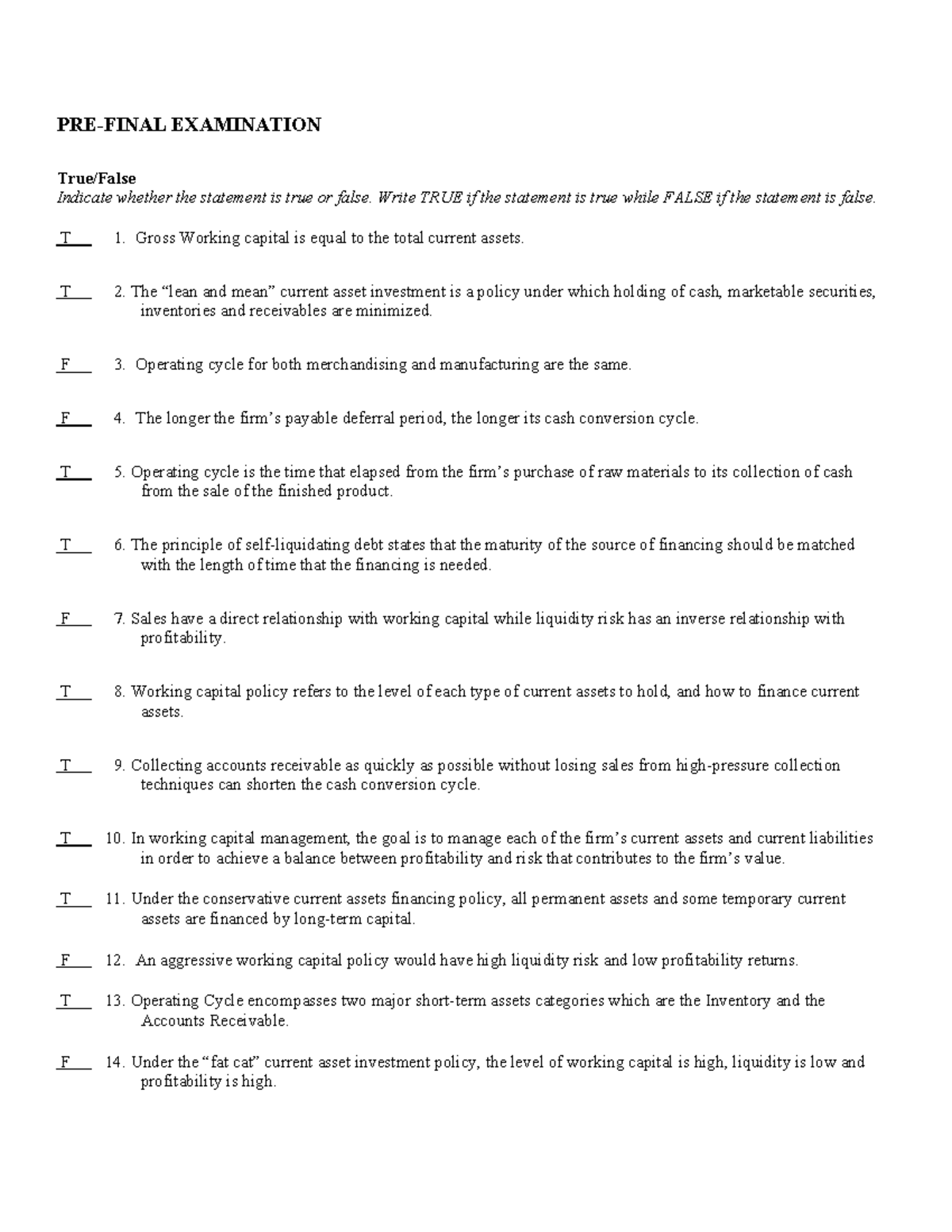 ACCA110 - PRE- Final Examination - PRE -FINAL EXAMINATION True/False ...
