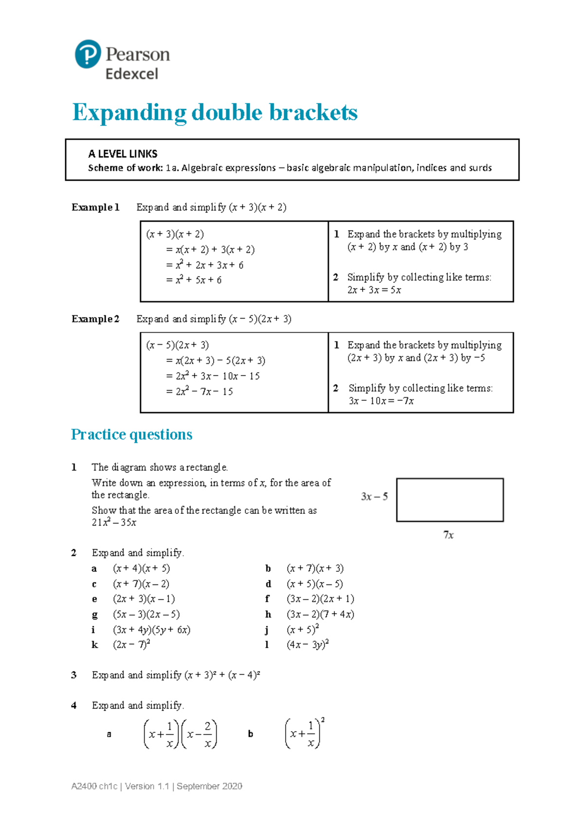 Example 4 Chapter 1 Expanding double brackets - A 24 00 ch1c | Version ...