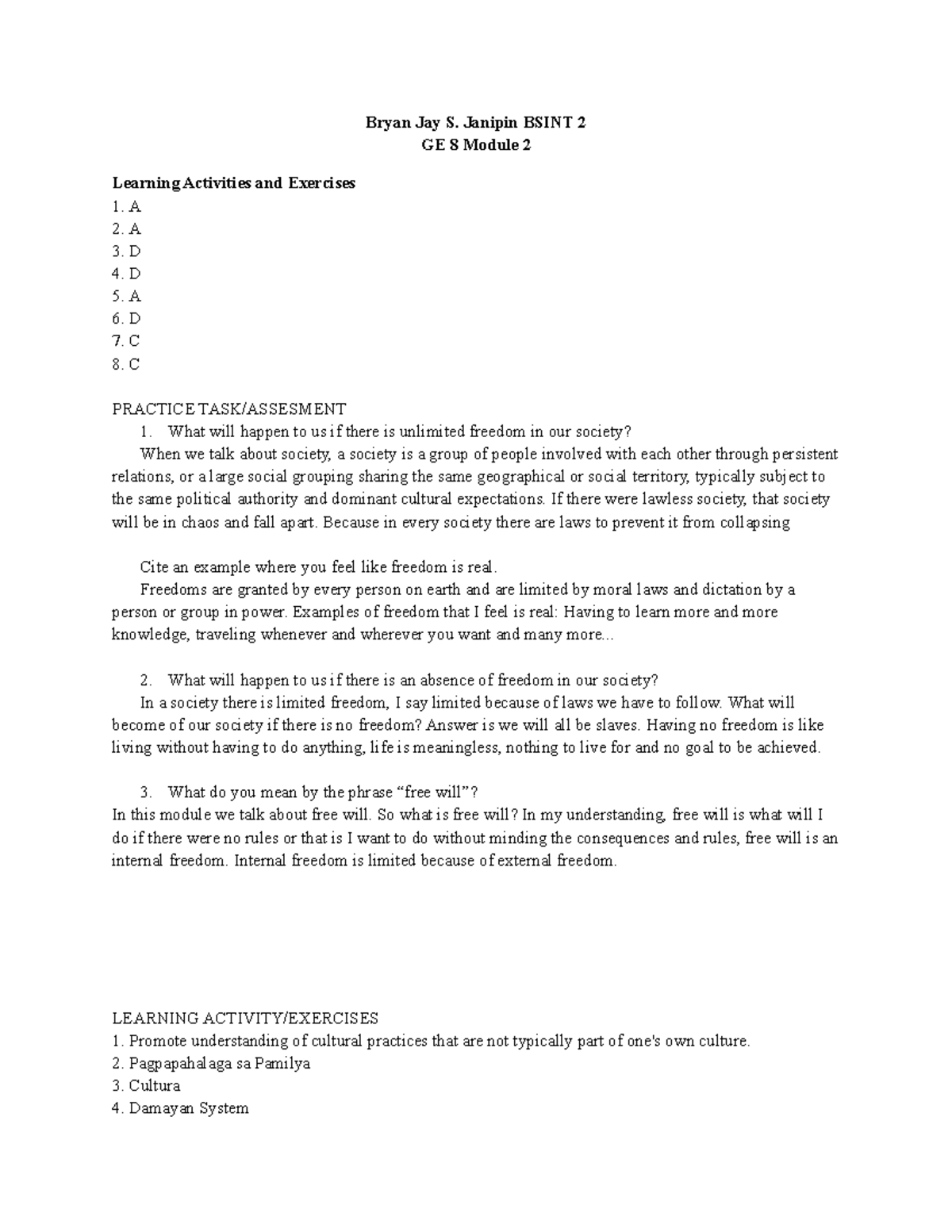 Module 2 GE8 - Answers - Bryan Jay S. Janipin BSINT 2 GE 8 Module 2 ...
