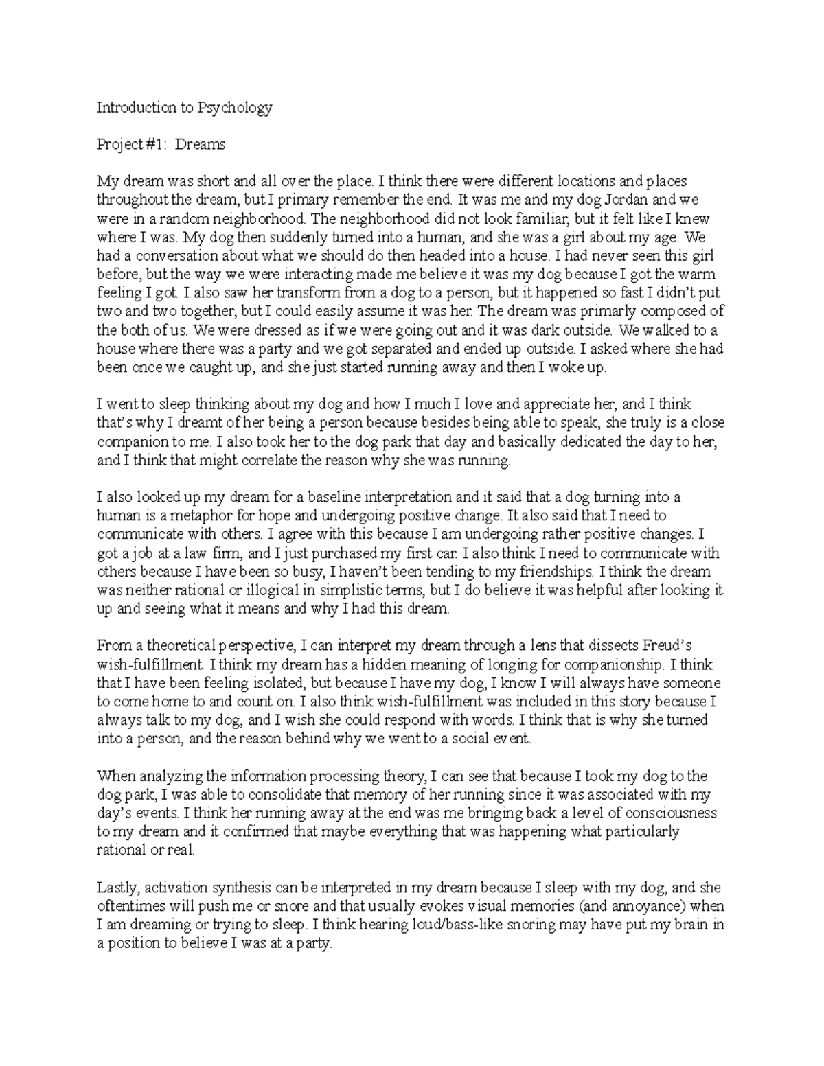 PSY 100 Dream Project - UKY - Introduction to Psychology Project #1 ...