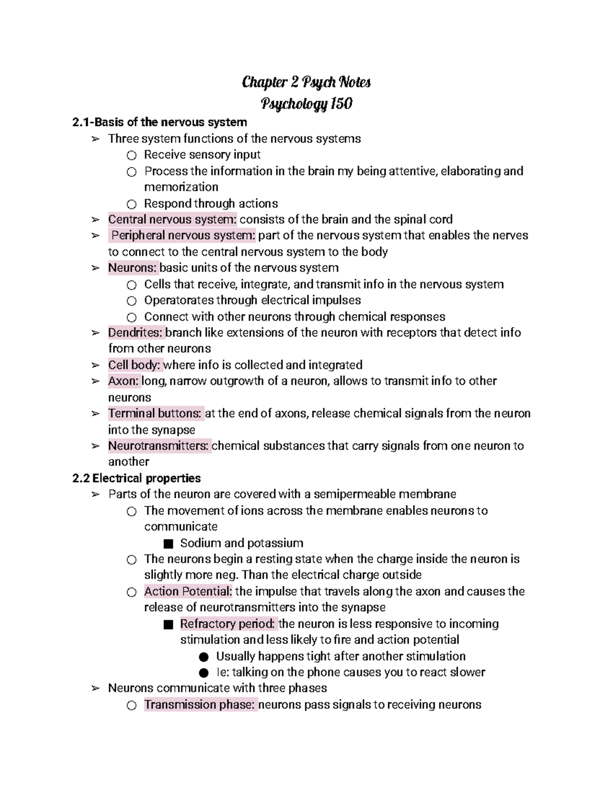 Chapter 2 Psych Notes - Chapter 2 Psych Notes Psychology 150 2-Basis of ...