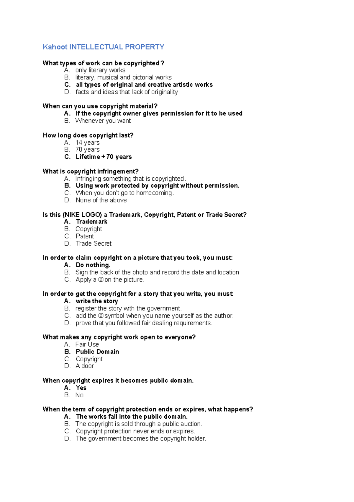 Introduction to Business Law Kahoot Answers - Kahoot INTELLECTUAL ...