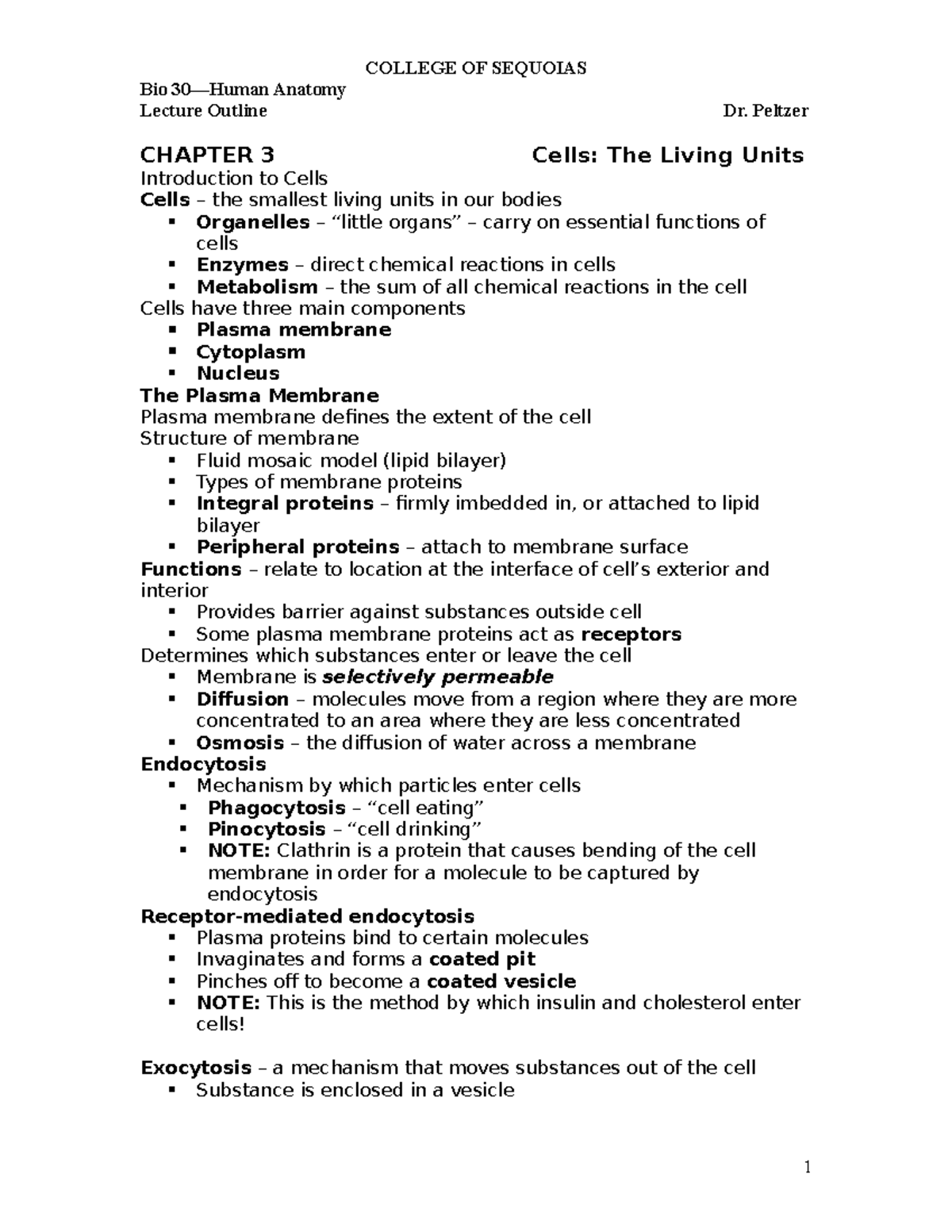Ch. 3 Outline - Cells: The Living Units Dr. Peltzer - Bio 30—Human ...