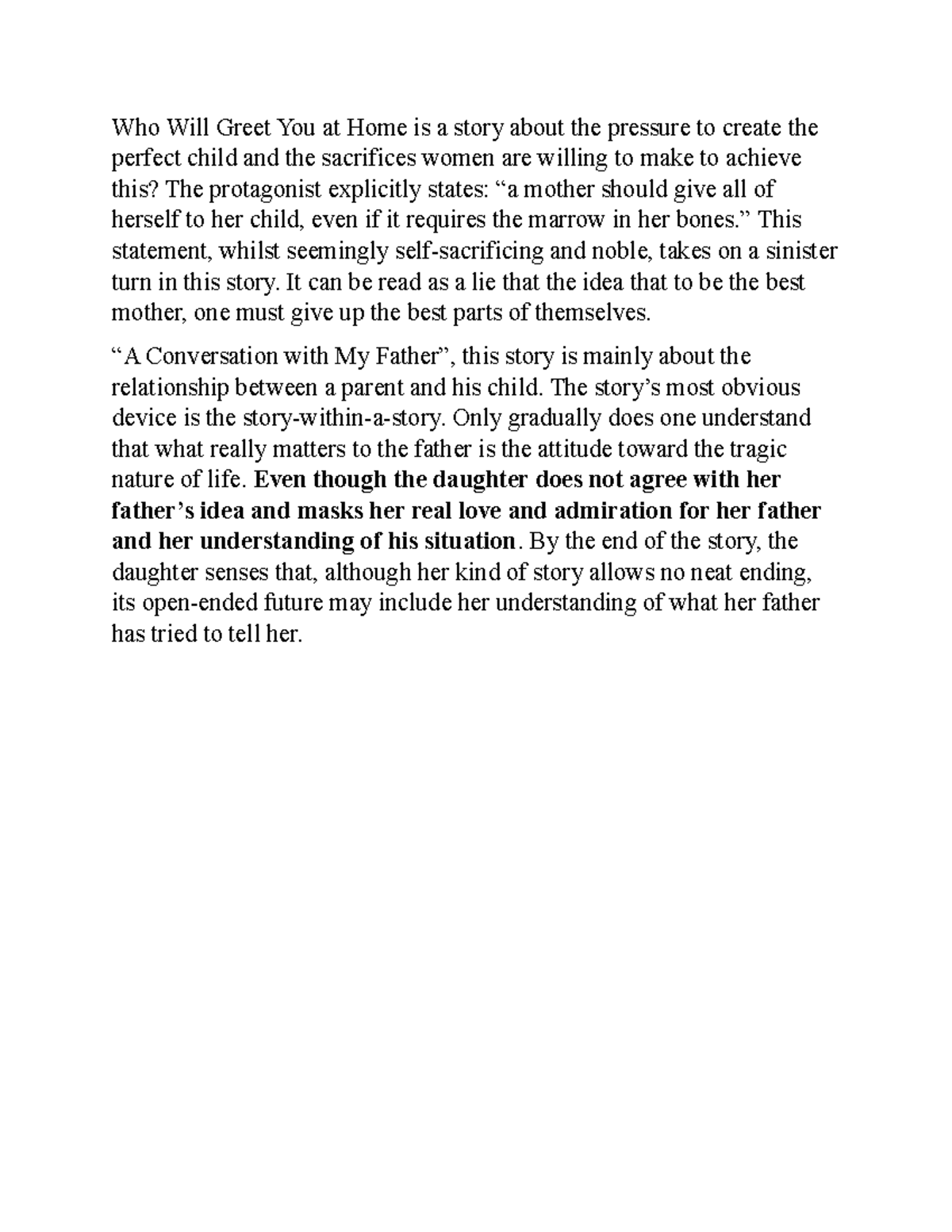 Reading Response - NOTES - Who Will Greet You at Home is a story about ...