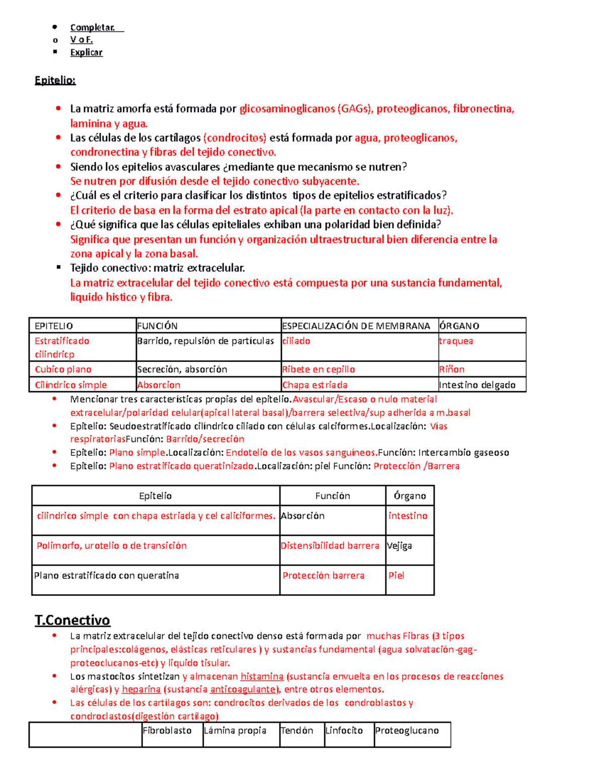 Anatomia preguntas final - Completar. o V o F. Explicar Epitelio: La ...