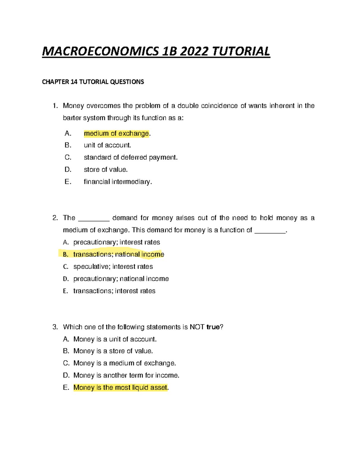 Tutorial Questions FOR Chapter 14 - MACROECONOMICS 1B 2022 TUTORIAL CHAPTER 14 TUTORIAL ...