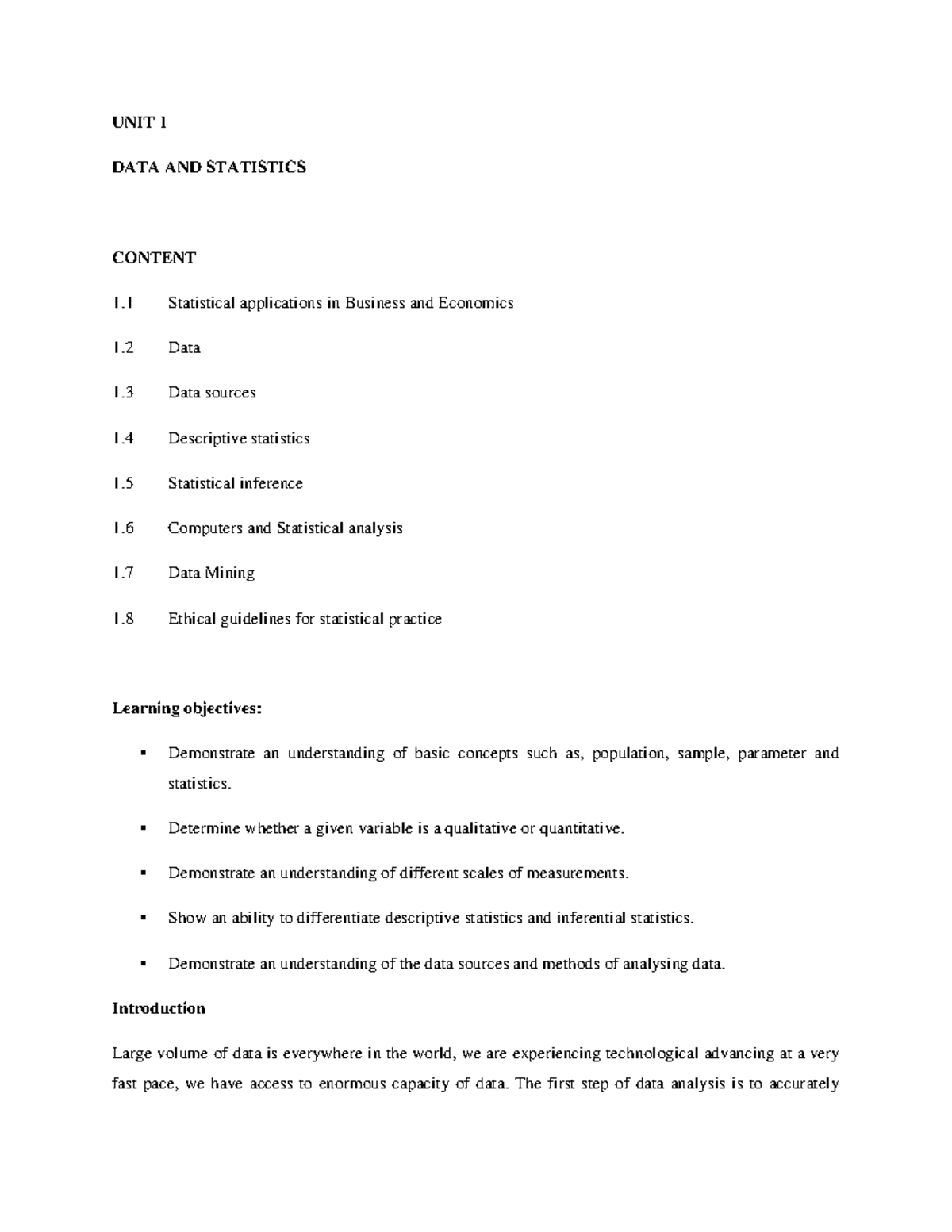ABA3691 Distance Students Bus Stats Unit 1 - UNIT 1 DATA AND STATISTICS ...
