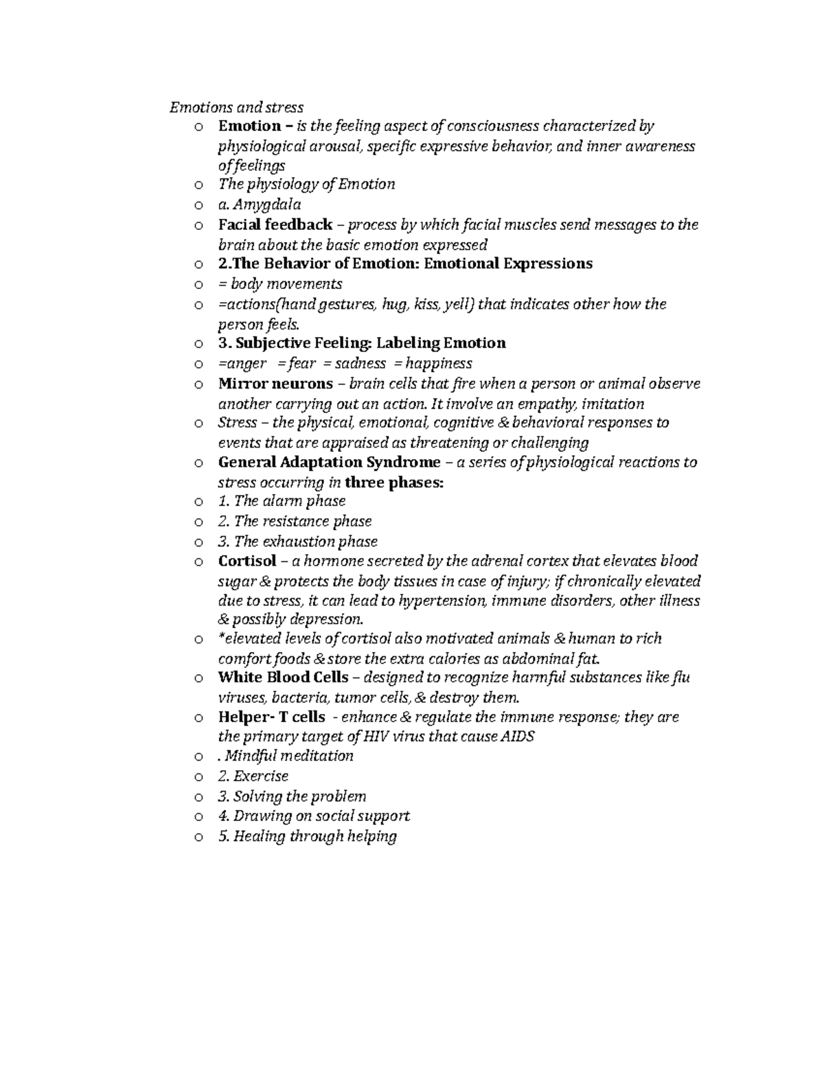 Emotions - Lecture notes 4 - Emotions and stress o Emotion – is the ...