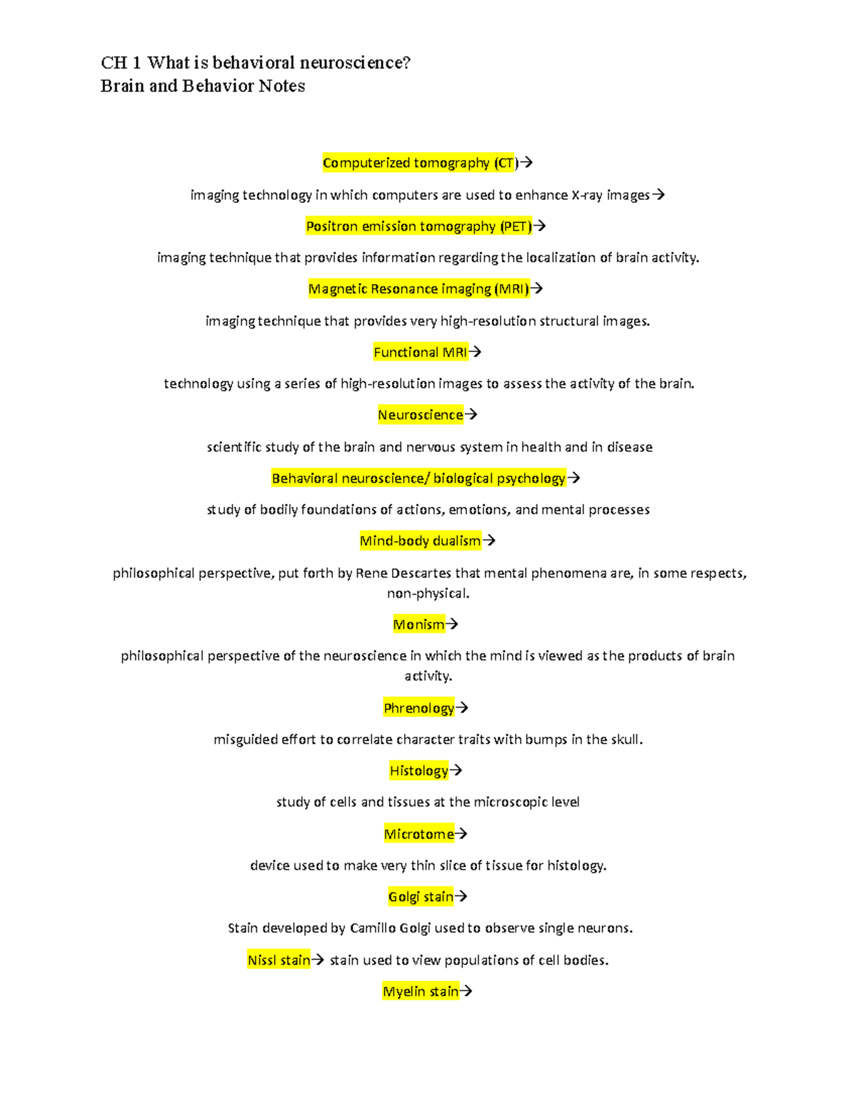 Brain and Behavior Notes Ch 1 - Brain and Behavior Notes Computerized ...