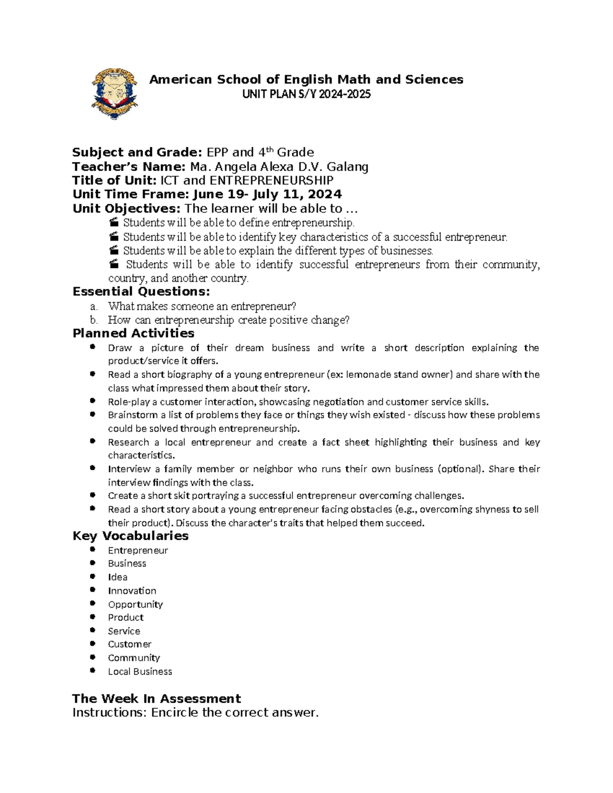 4th Grade EPP 1Q-Unit Plan-Midterm-PBL - American School of English ...
