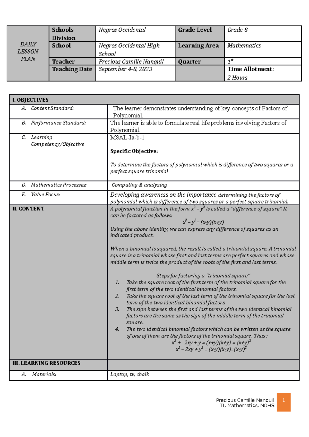 Lesson 3-week 1 grade 8 math - DAILY LESSON PLAN Schools Division ...