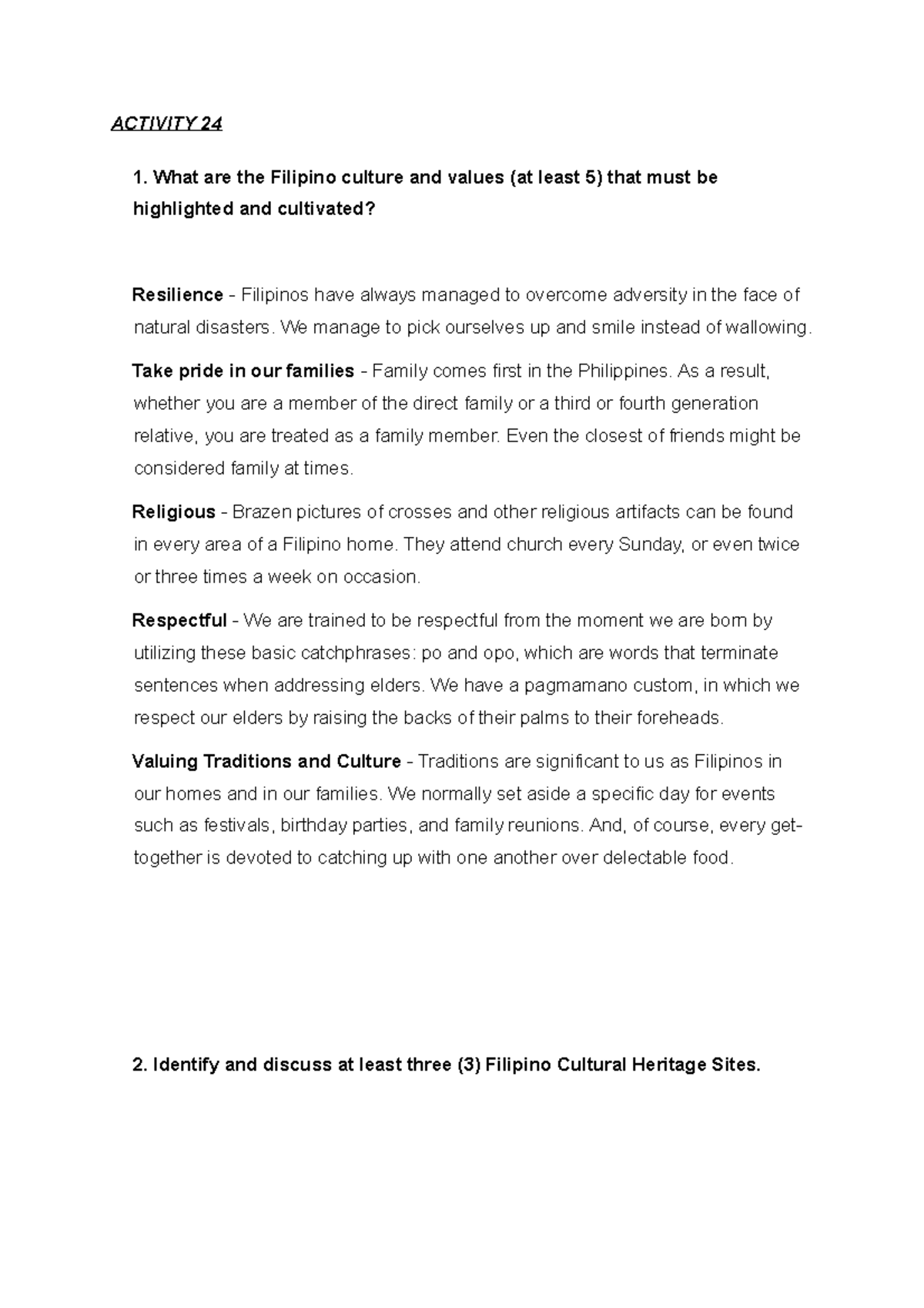 Activity 24 What are the Filipino culture and values (at least 5) that ...