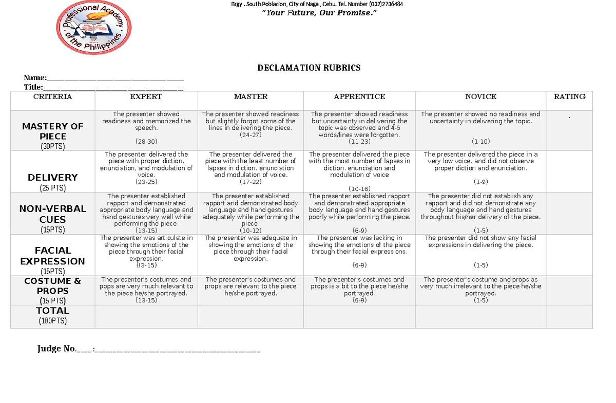 Declamation Criteria - DECLAMATION RUBRICS Name