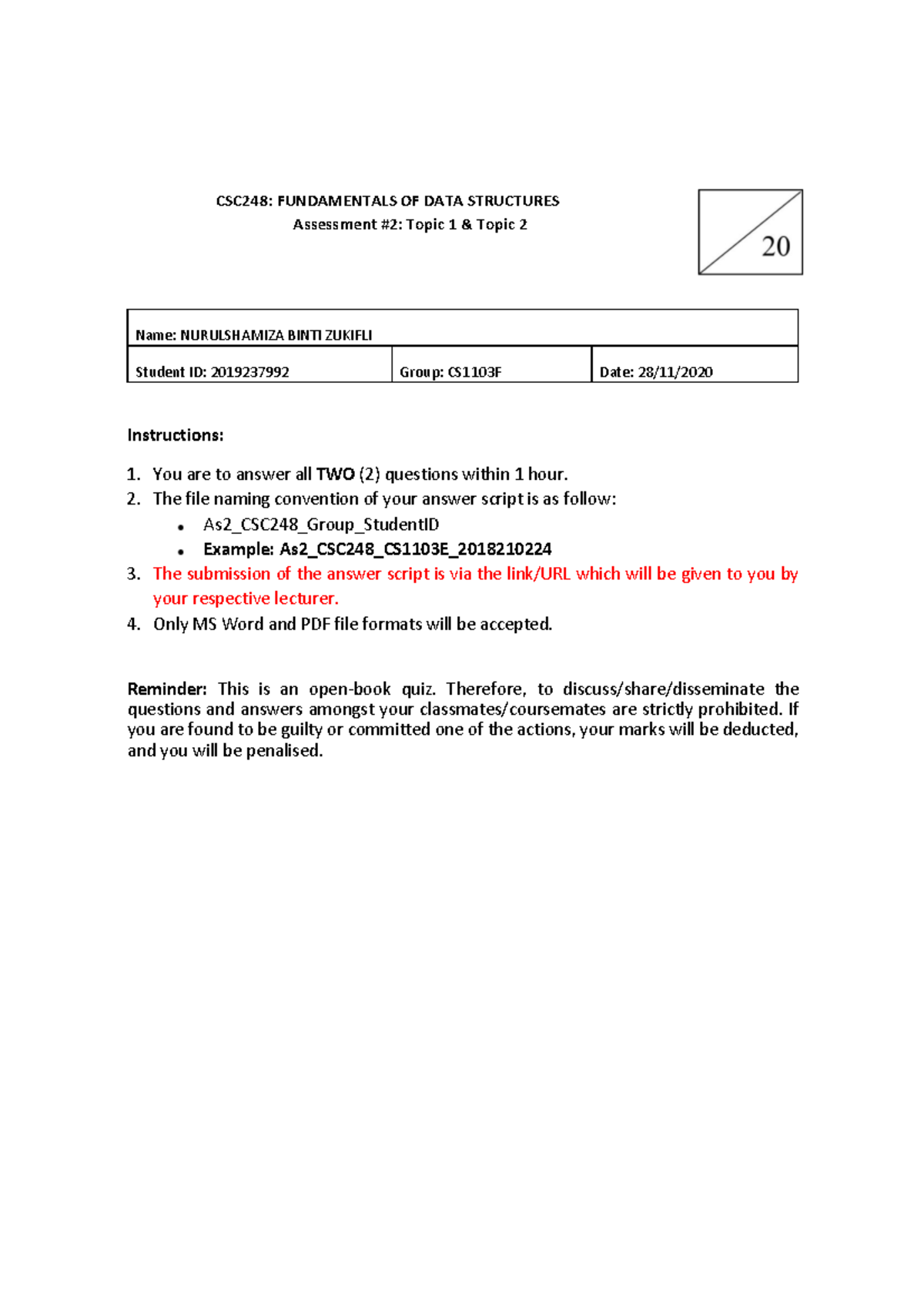 As2 CSC248 CS1103F 2019 237992 - CSC248: FUNDAMENTALS OF DATA STRUCTURES Assessment #2: Topic 1 ...