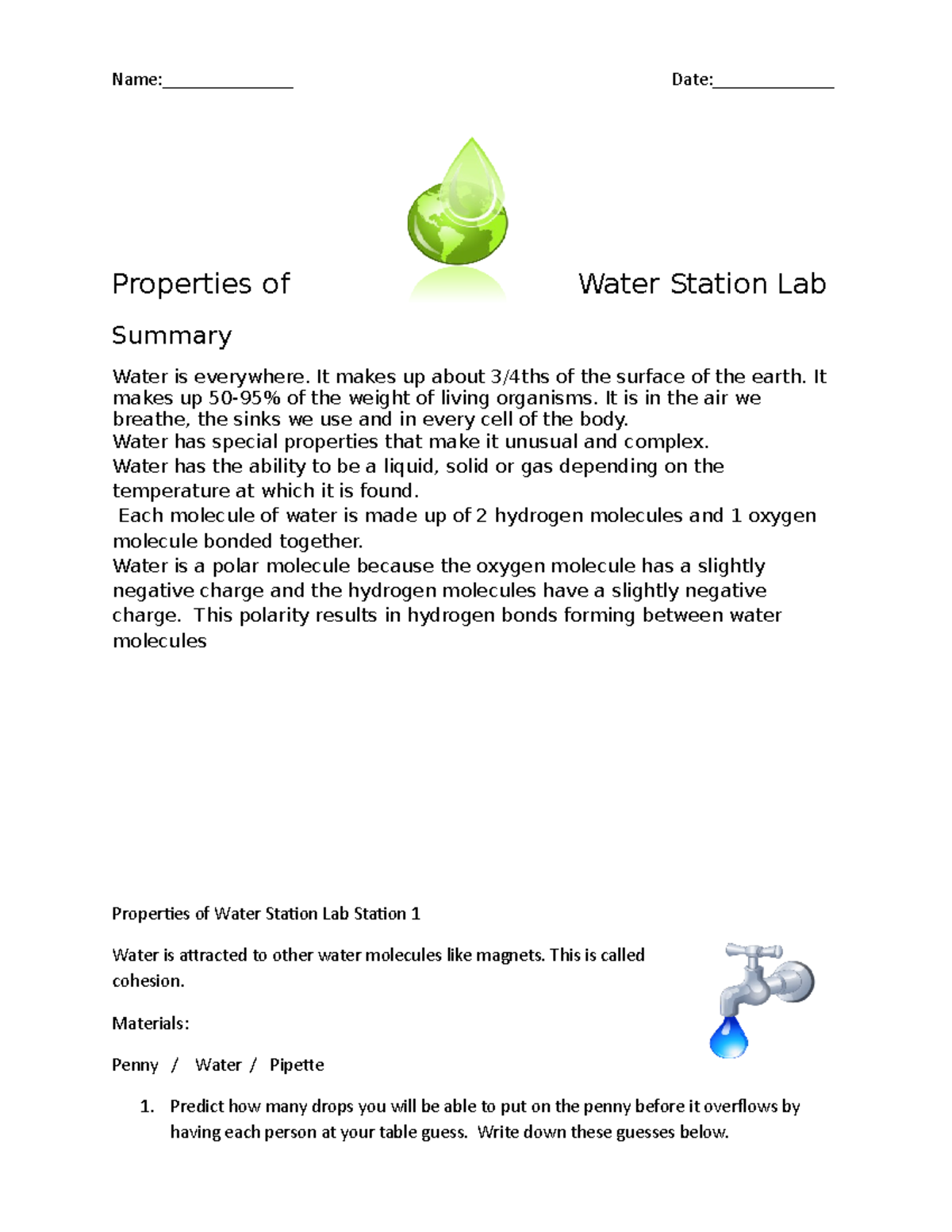 Properties of Water Station Lab - Name:______________ Date ...