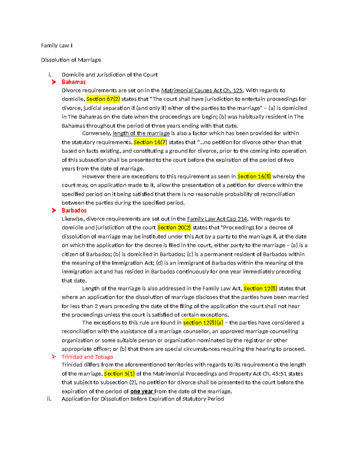 Family Law Worksheet - Family Law I Dissolution of Marriage i. Domicile ...