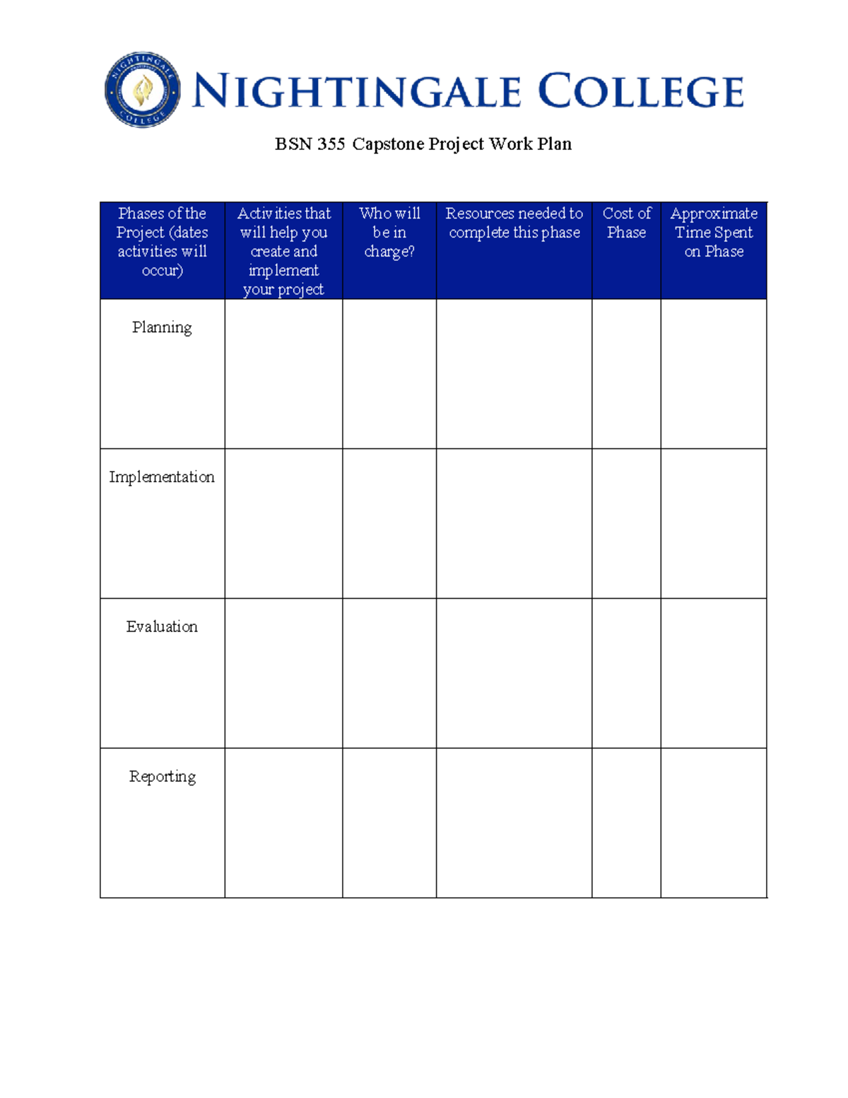 Work plan capstone - Nursing medical diagnostics - BSN 266 - BSN 355 ...