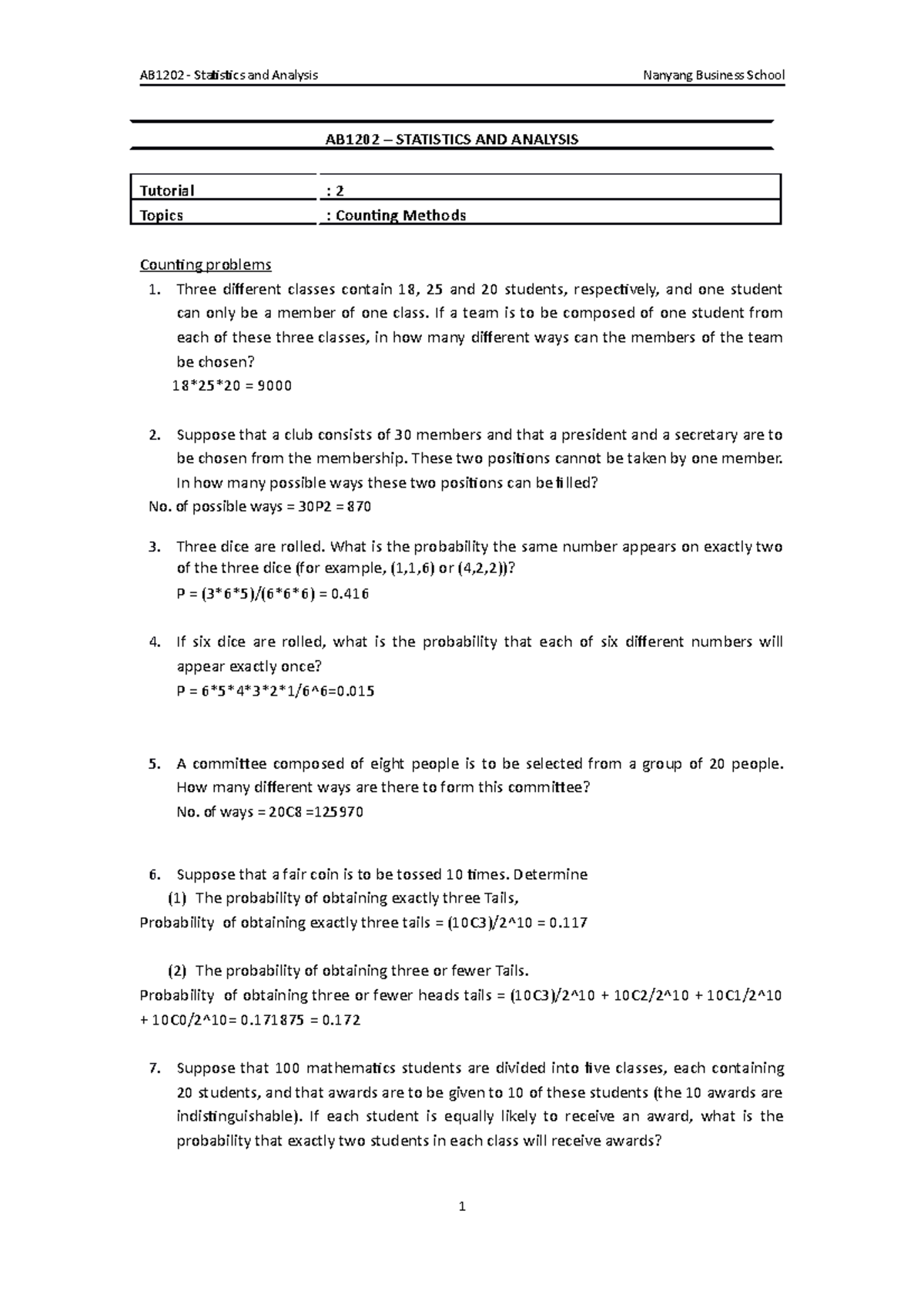 AB1202 Tutorial qns week 2 - AB1202 – STATISTICS AND ANALYSIS Tutorial ...