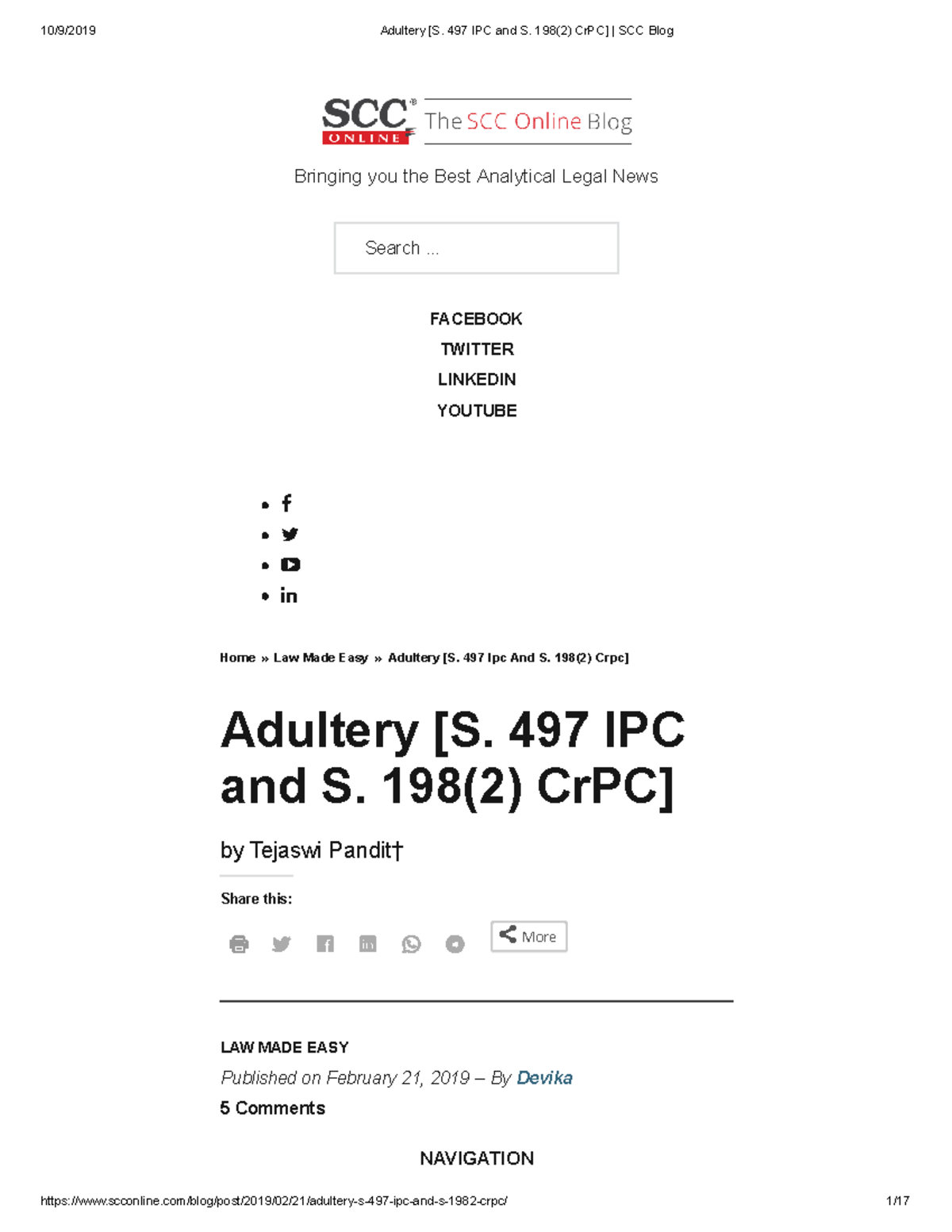 Adultery [S. 497 IPC and S. 198(2) Cr PC] - Bringing you the Best Analytical Legal News Search ...