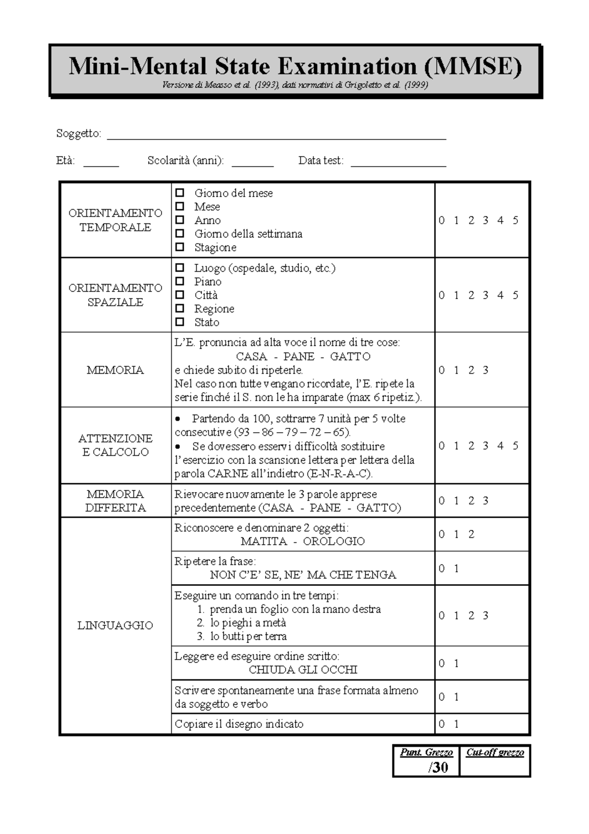 MMSE - Protocollo - Mini-Mental State Examination (MMSE) Versione di ...