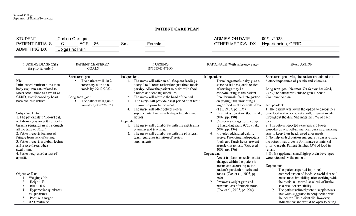 Care Plan Potential and Actual GIGU1220 - Broward College Department of ...