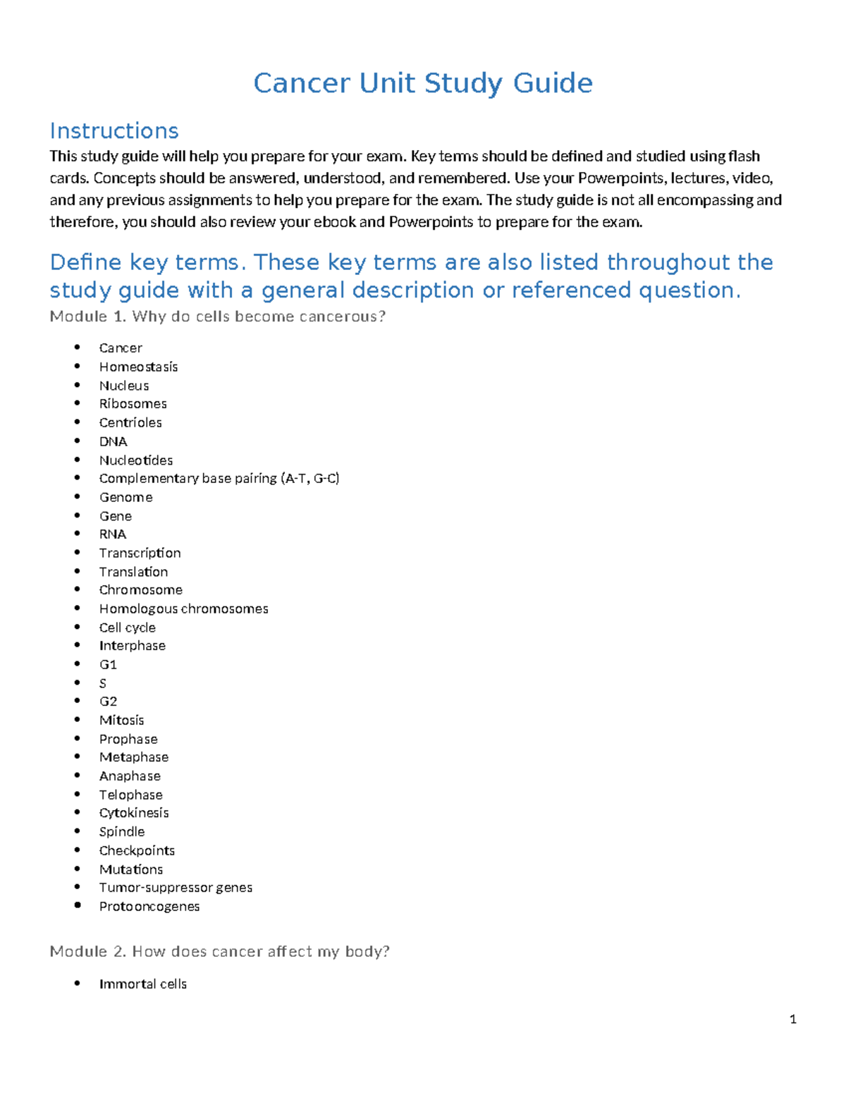 20222 BSC1005 Cancer Unit Study Guide - Cancer Unit Study Guide ...