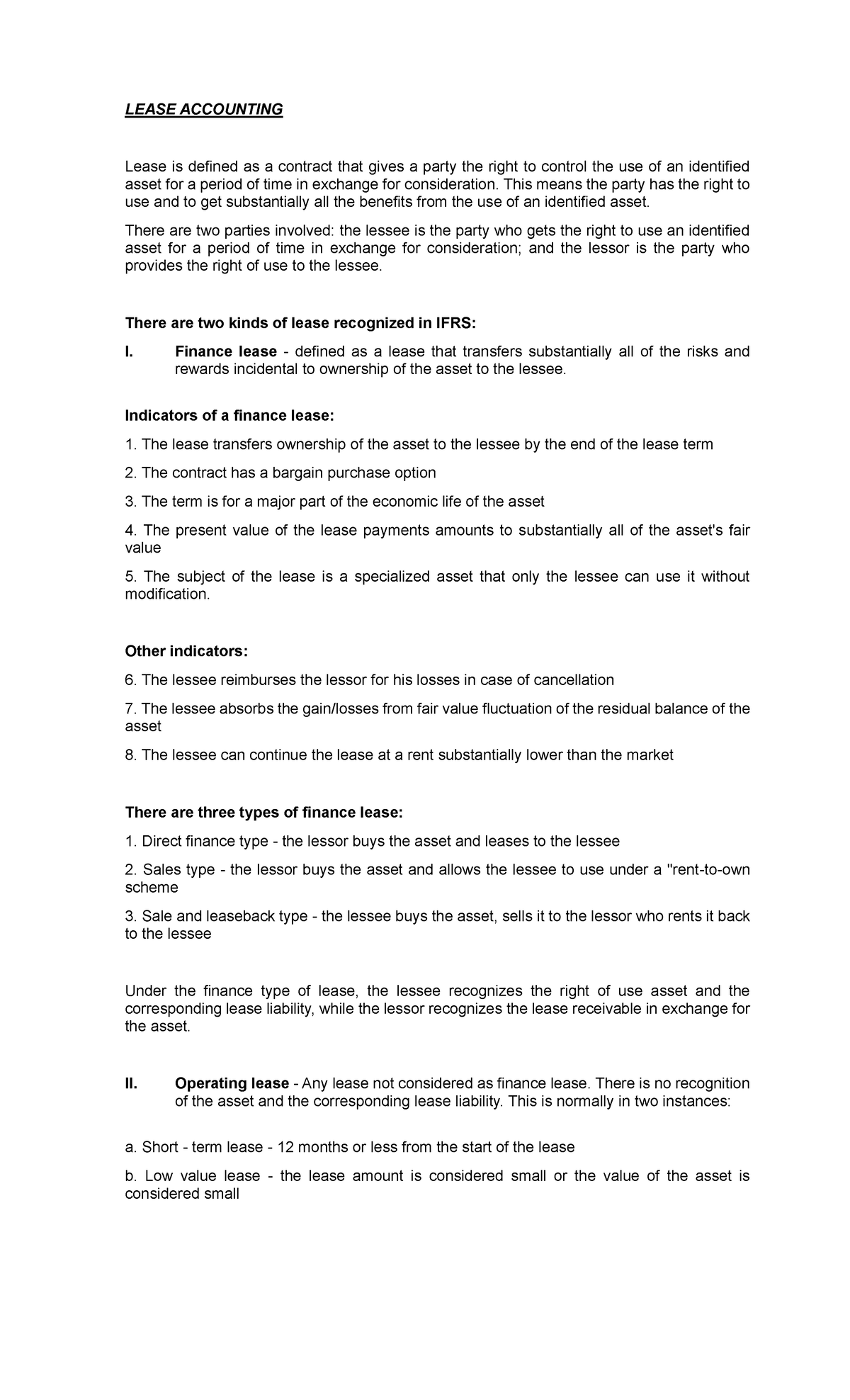 Leases and Hyperinflation - LEASE ACCOUNTING Lease is defined as a ...