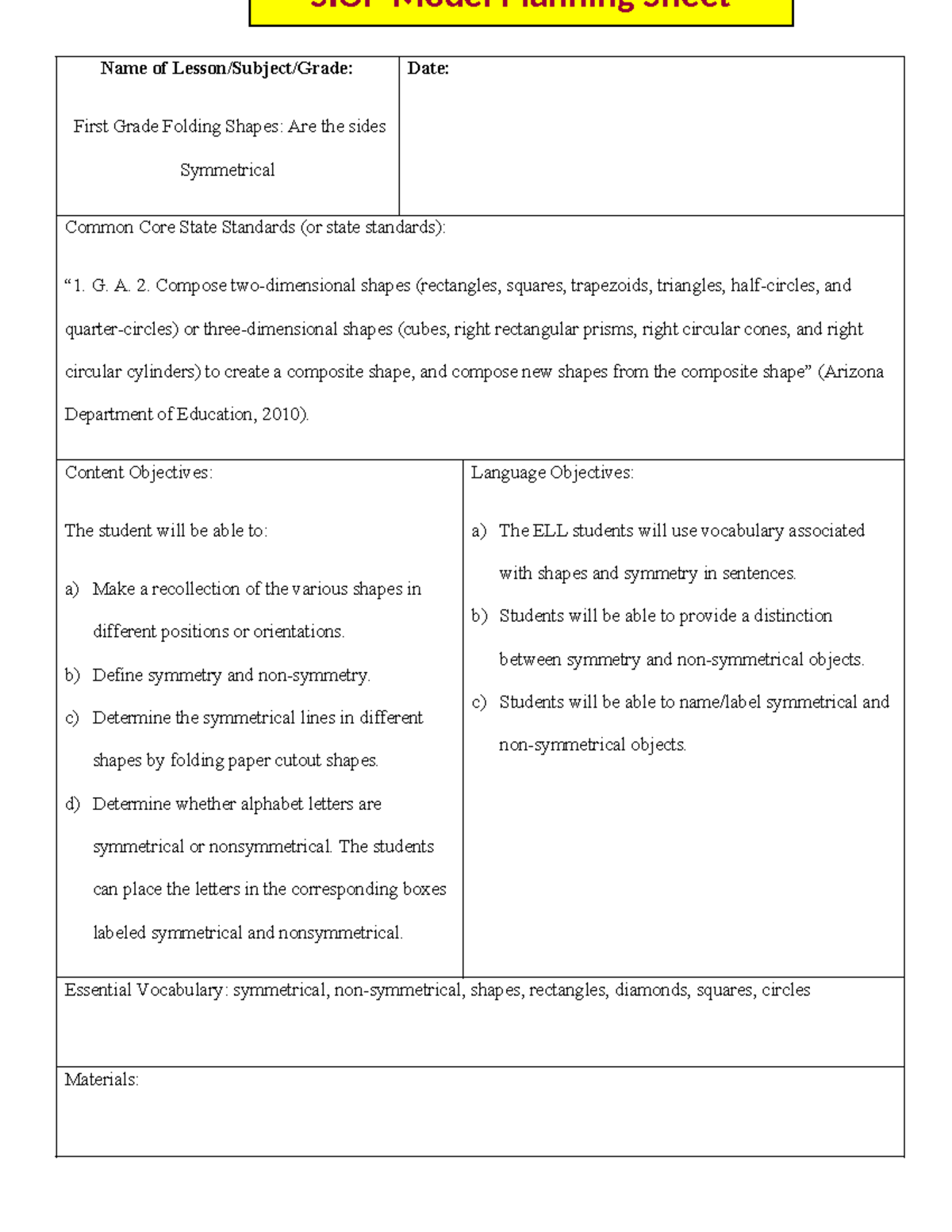 SIOP Model Planning Sheet Template - Name of Lesson/Subject/Grade ...