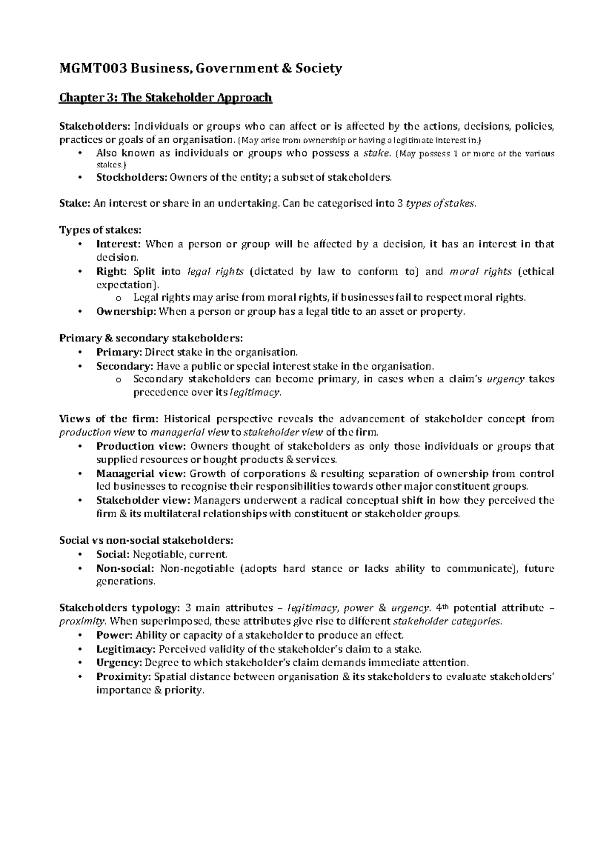 BGS Chapter 3 - Lecture notes 3 - MGMT003 Business, Government ...