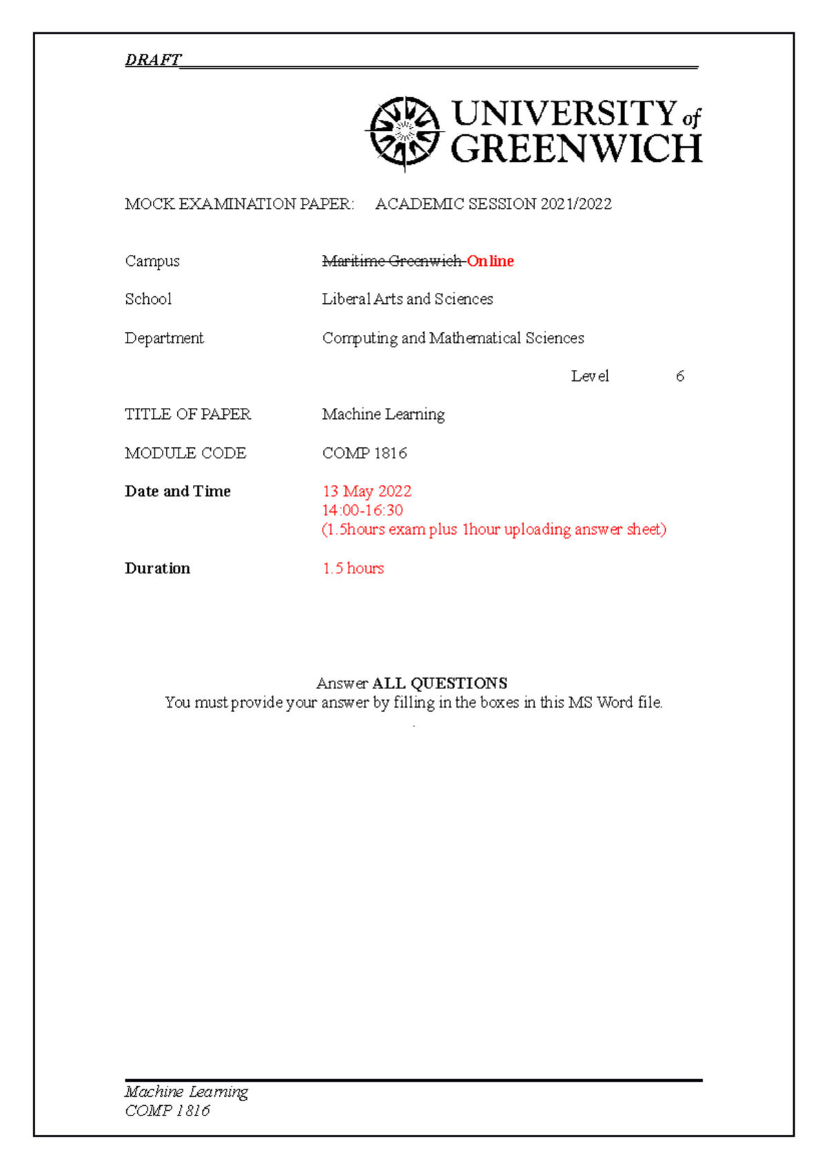 Mock exam paper machine learning - MOCK EXAMINATION PAPER: ACADEMIC ...