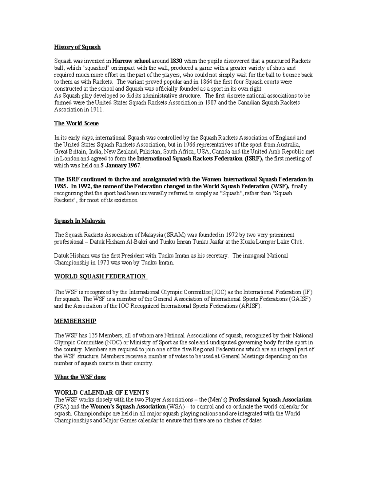 W1 History of Squash & WSF - History of Squash Squash was invented in ...