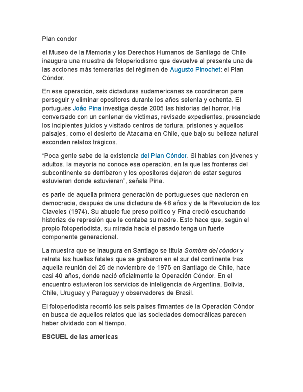 Plan condor - plan - Plan condor el Museo de la Memoria y los Derechos Humanos de Santiago de ...