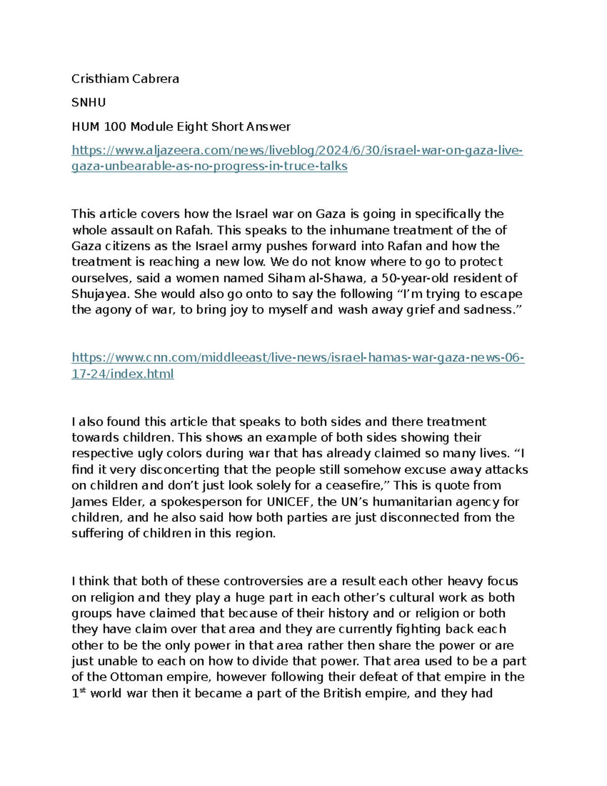 HUM 100 Module Eight Short Answer - Cristhiam Cabrera SNHU HUM 100 ...