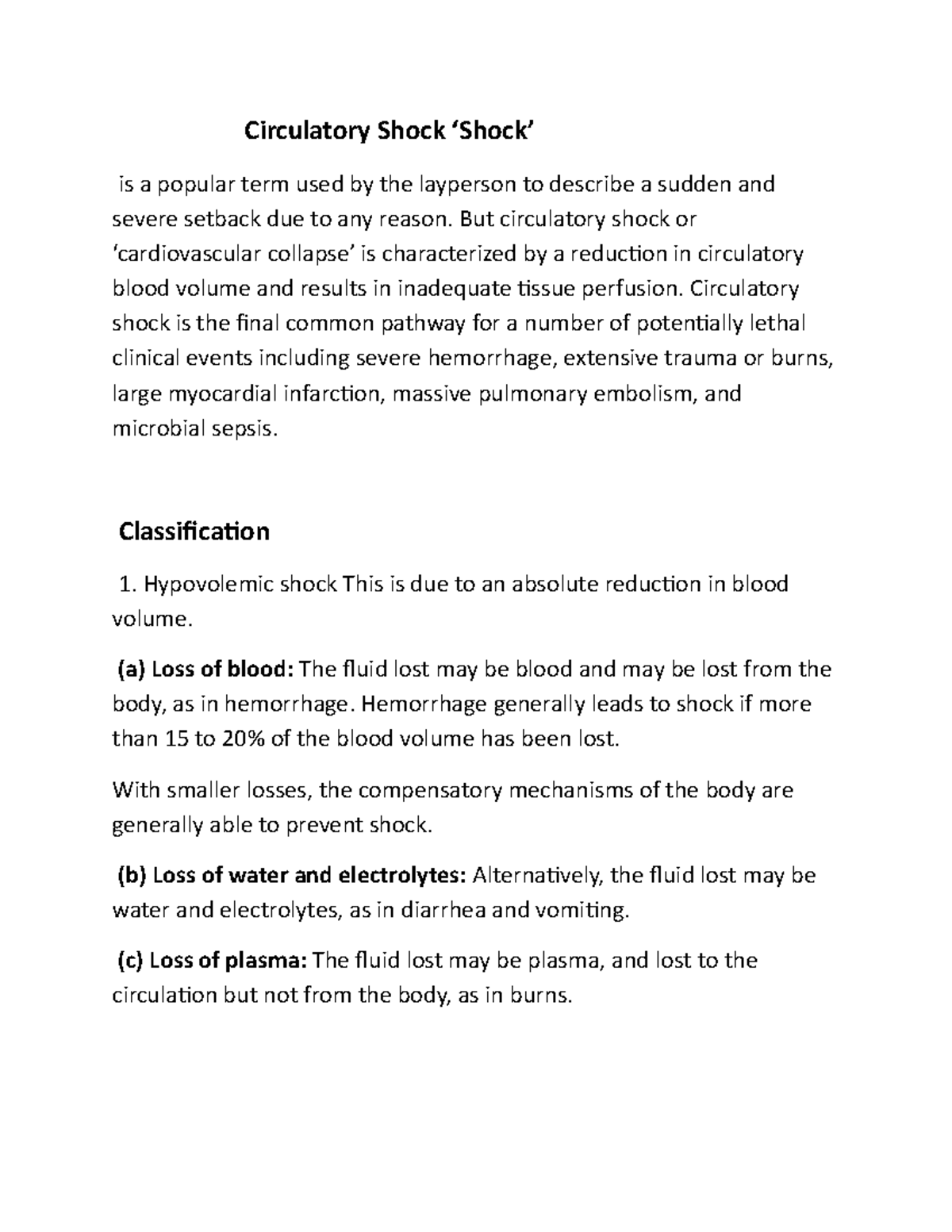 Circulatory Shock notes - Circulatory Shock ‘Shock’ is a popular term ...