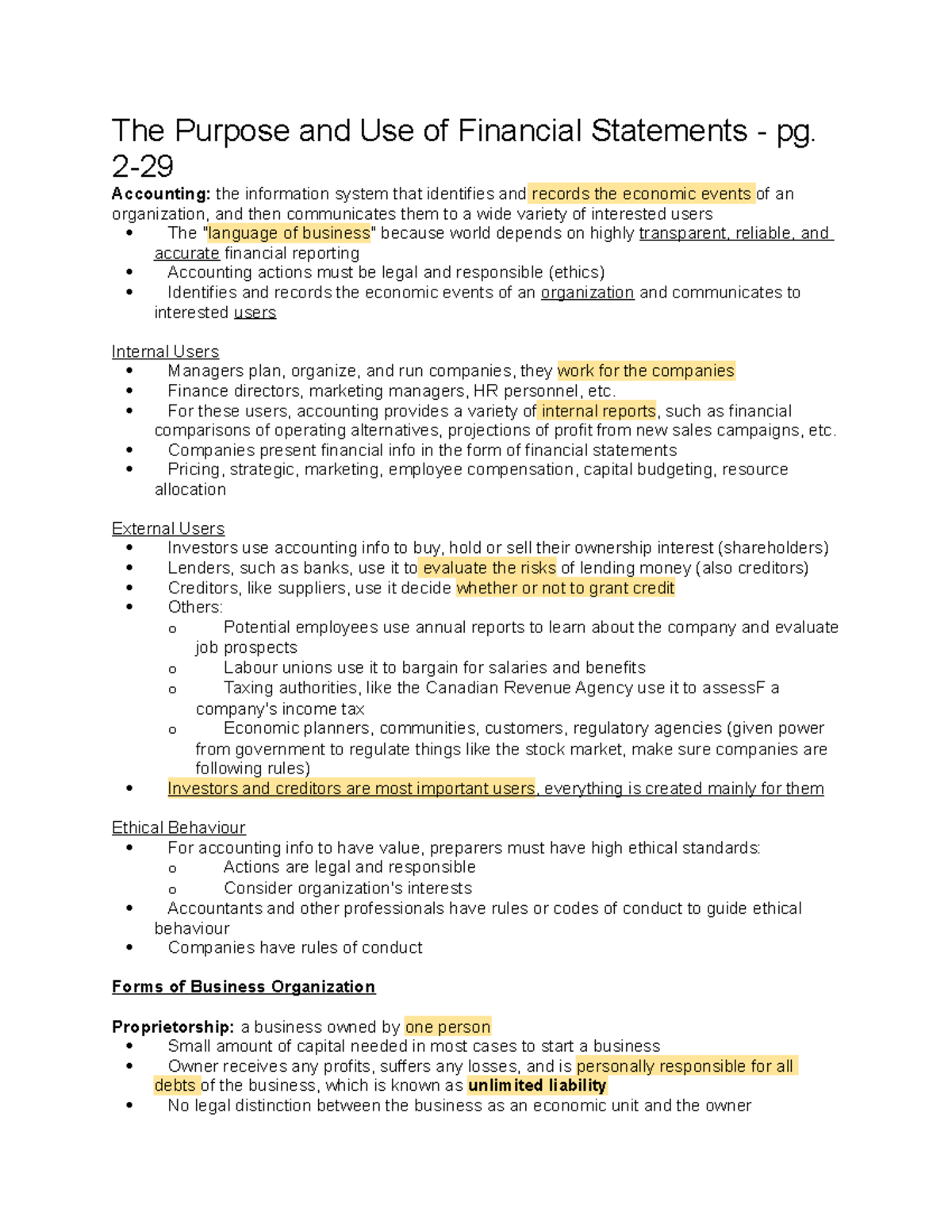 Exam 1 MOS notes - The Purpose and Use of Financial Statements - pg. 2 ...