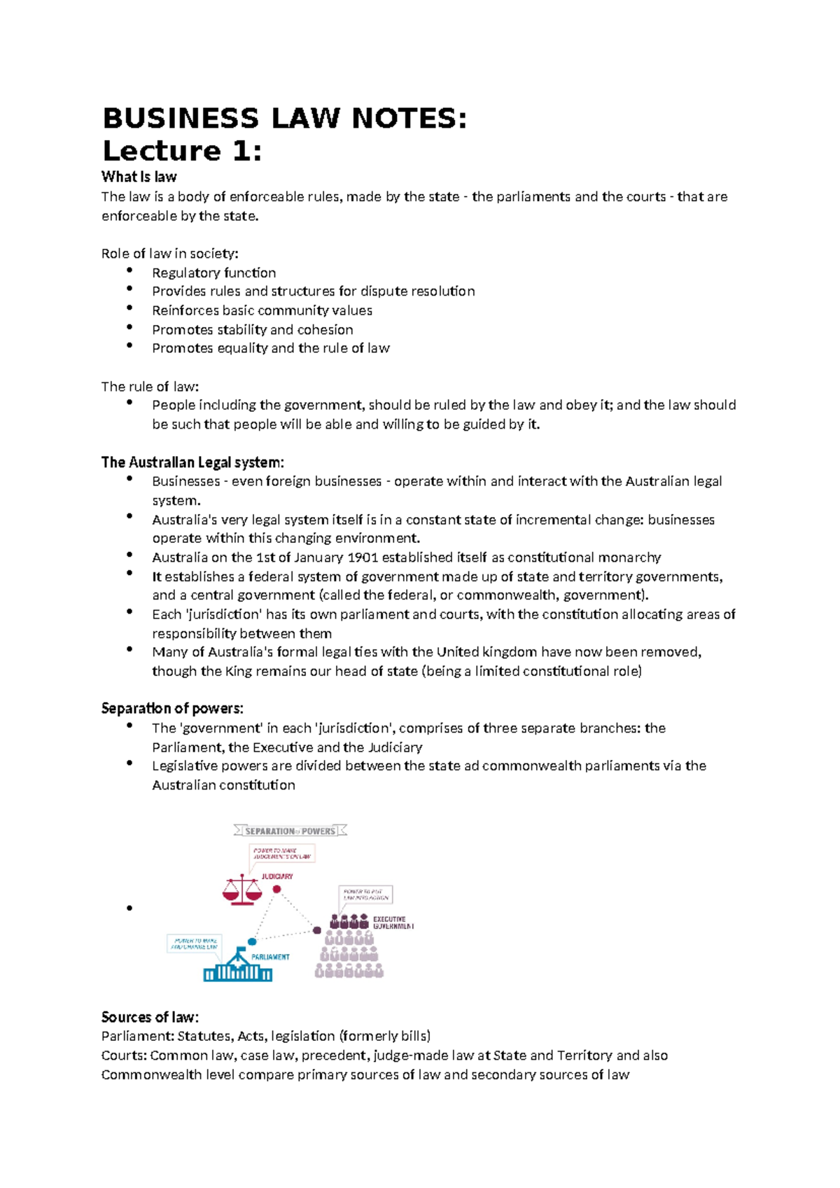 Doc2 - All notes - BUSINESS LAW NOTES: Lecture 1: What is law The law ...
