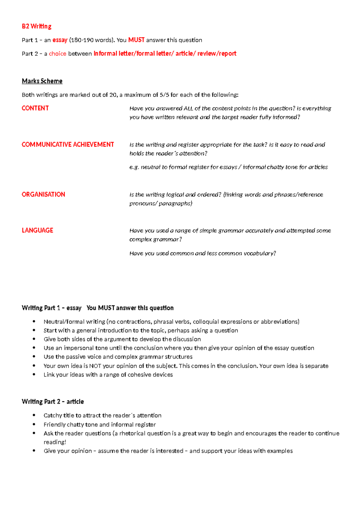 B2 Writing Summary - B2 Writing Part 1 – an essay (180-190 words). You ...