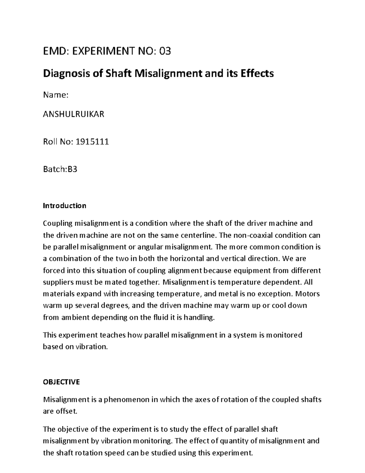 1915111 EXP-03 Anshul Ruikar - EMD: EXPERIMENT NO: 03 Diagnosis of Shaft Misalignment and its ...