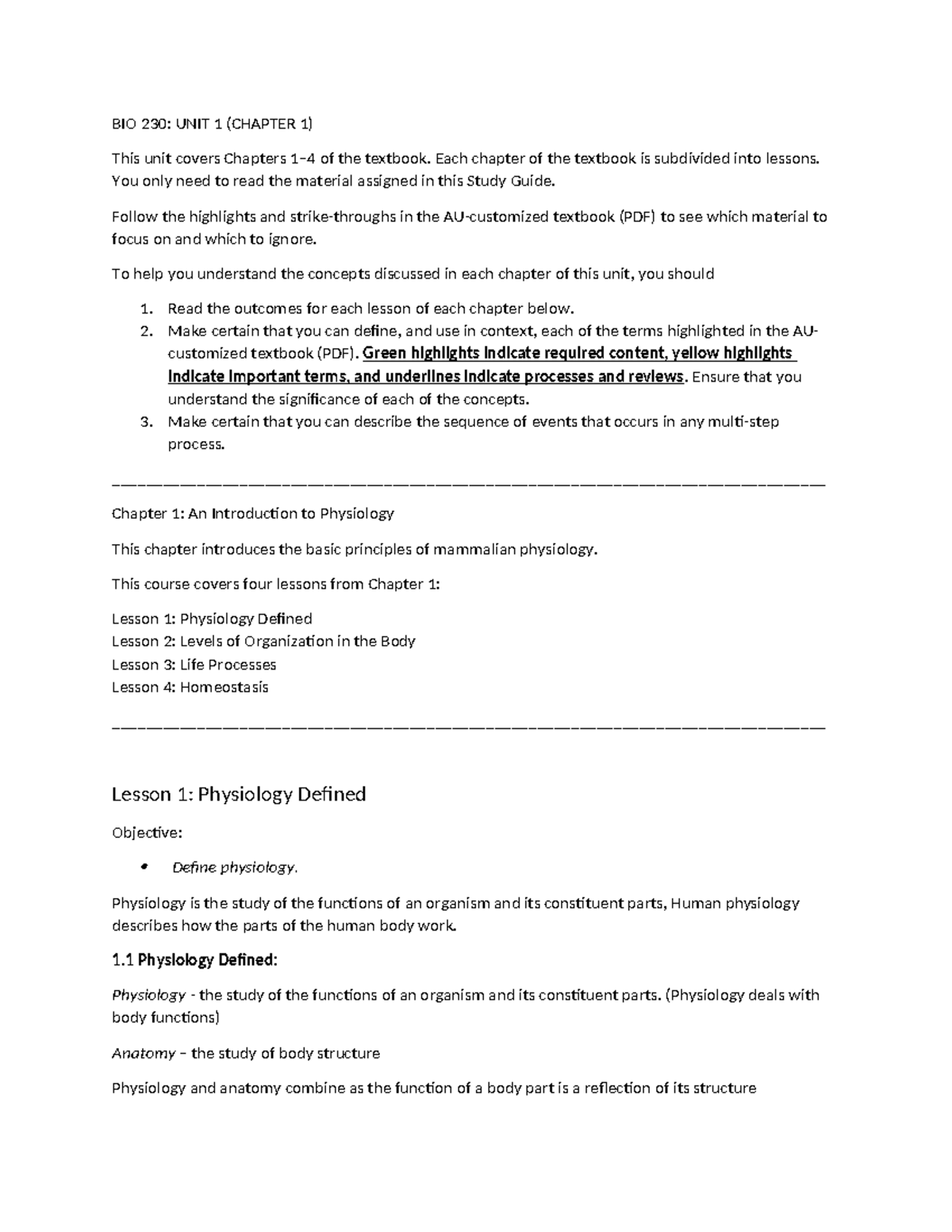 BIO 230 UNIT 1 Chapter 1 .docx - BIO 230: UNIT 1 (CHAPTER 1) This unit covers Chapters 1–4 of ...