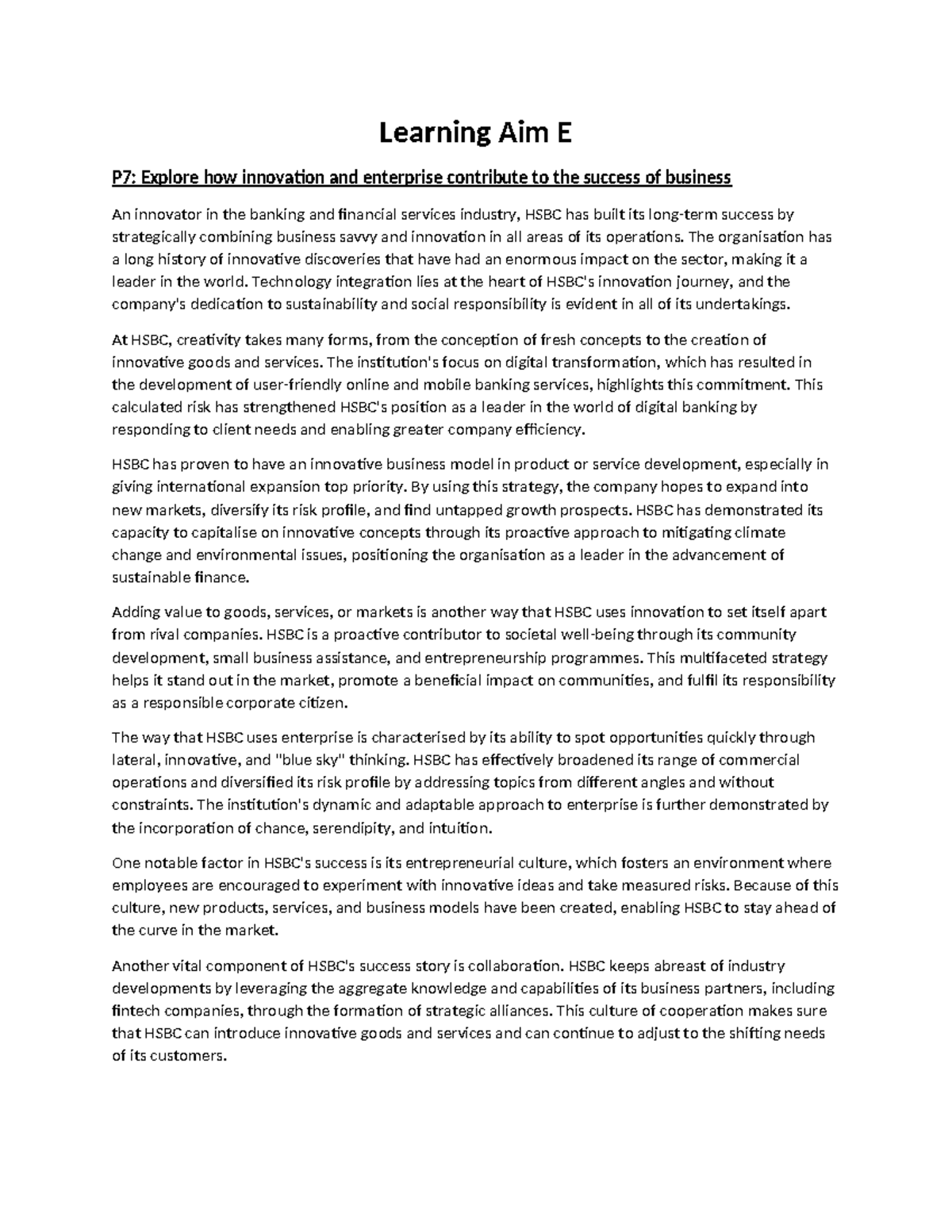 Learning Aim E - business work - Learning Aim E P7: Explore how ...